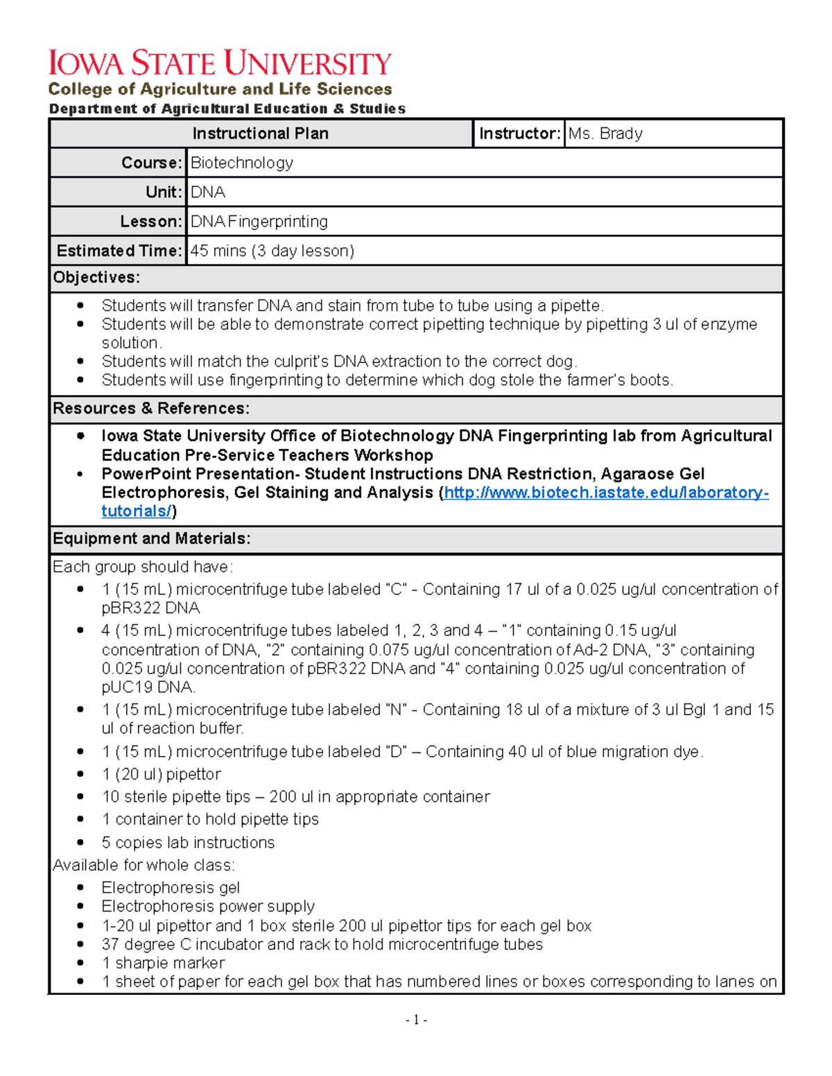 Biotech Lesson Plan - Dr. Lambert - Department of Agricultural ...