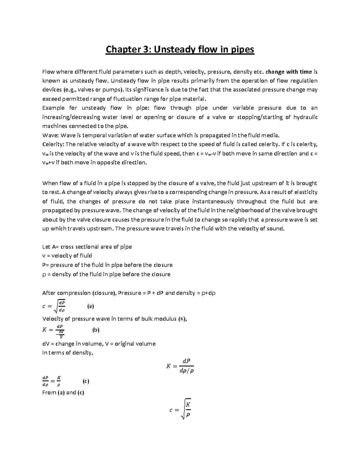 Chapter 3 Unsteady flow in pipes sir - Chapter 3: Unsteady flow in ...