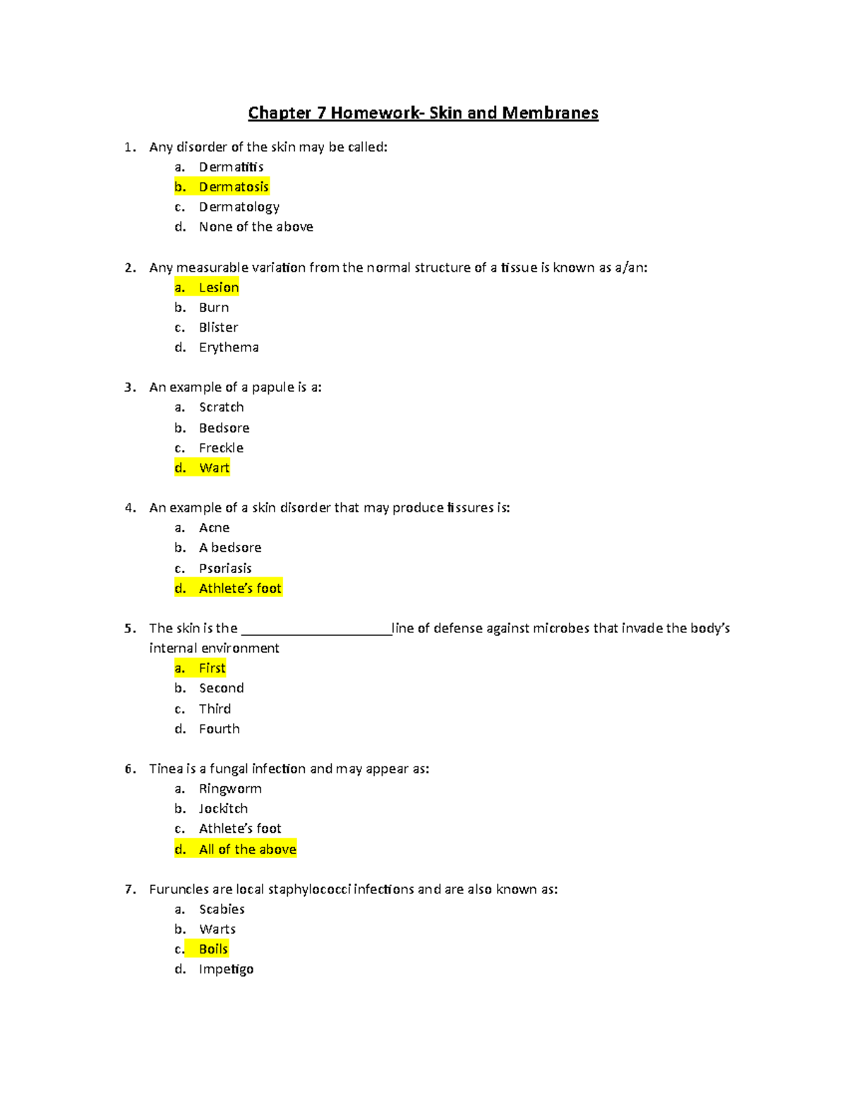 Chapter 7 Homework - study - Chapter 7 Homework- Skin and Membranes Any ...