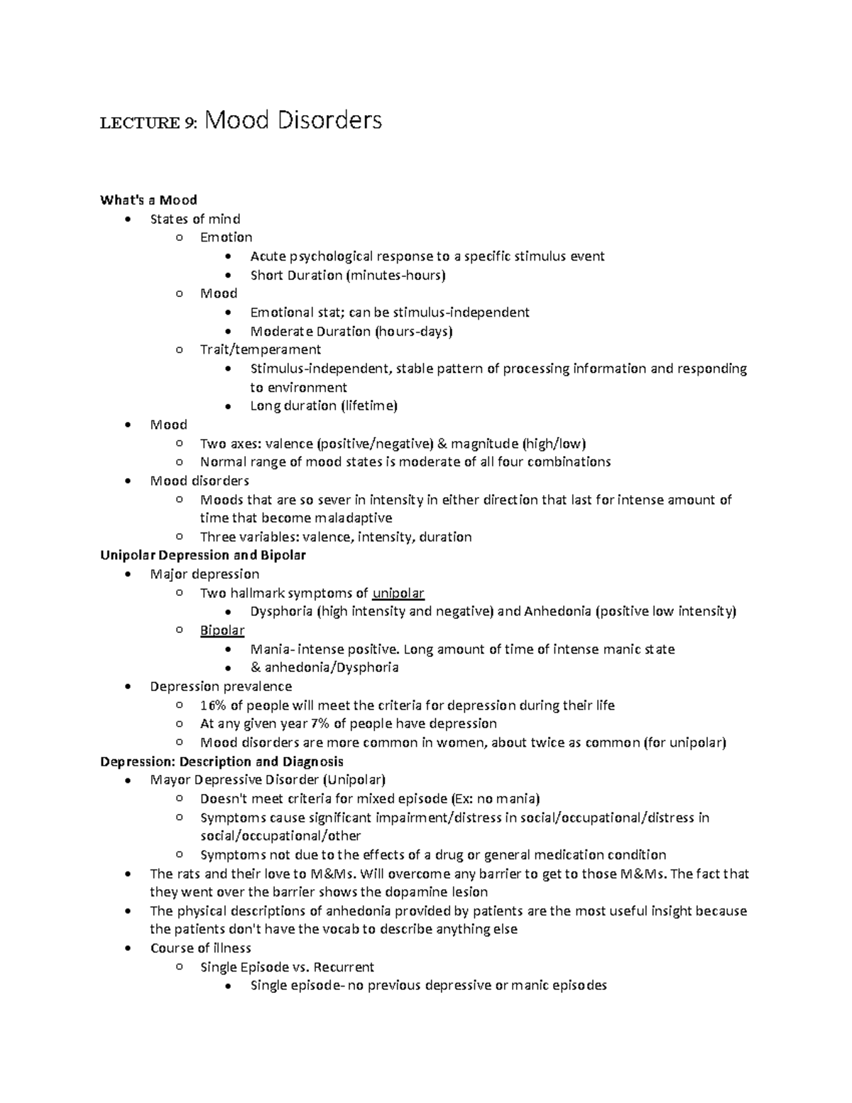 Abnormal Psych - Lecture 9 - LECTURE 9: Mood Disorders What's a Mood ...