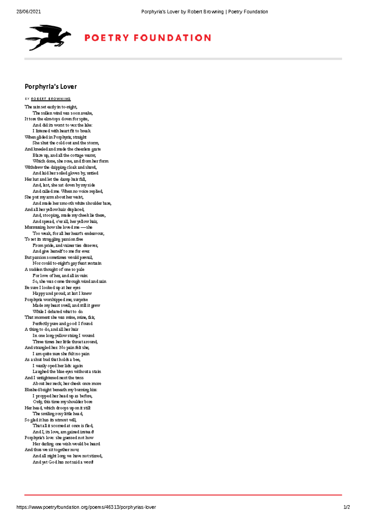 Porphyria's Lover by Robert Browning Poetry Foundation - 28/06/2021 ...