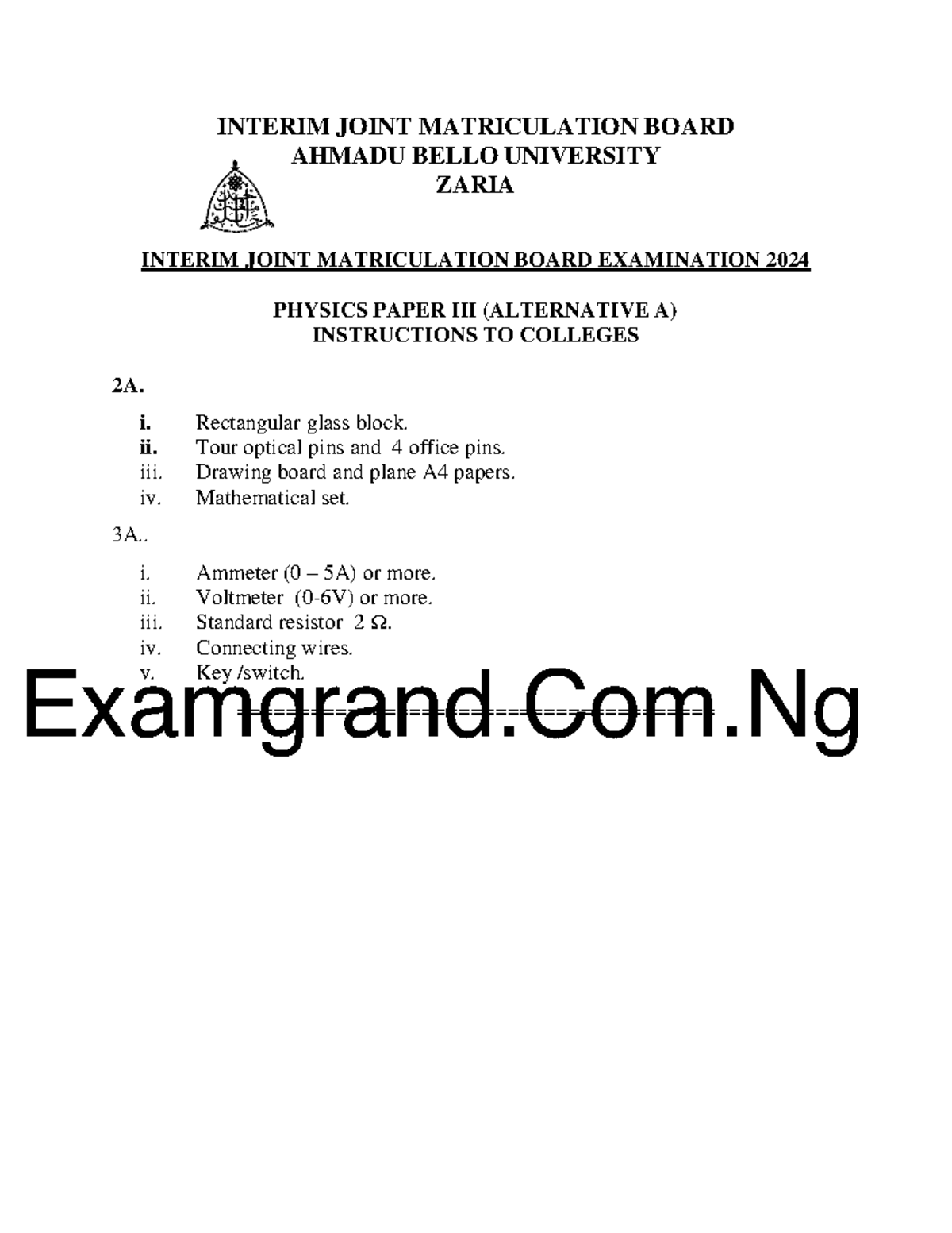 IJMB Physics instruction A 2024 Examgrand - INTERIM JOINT MATRICULATION ...