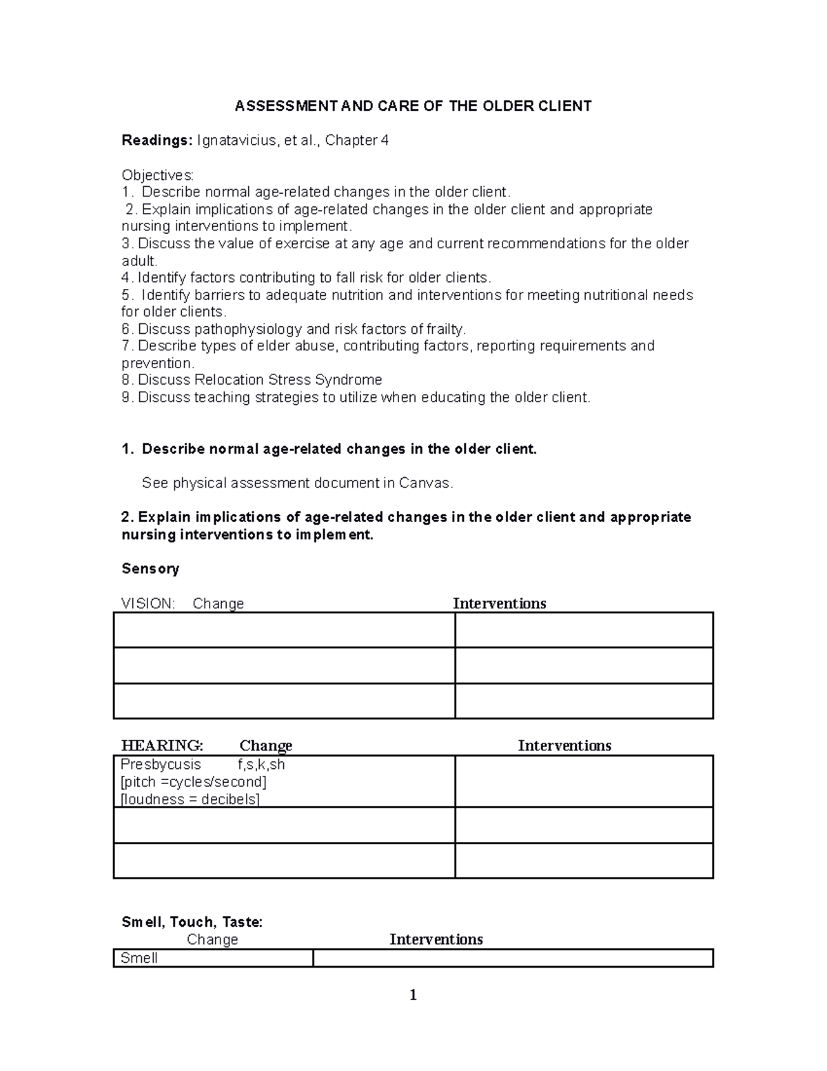 Lecture Outline Care of the Older Client - ASSESSMENT AND CARE OF THE ...