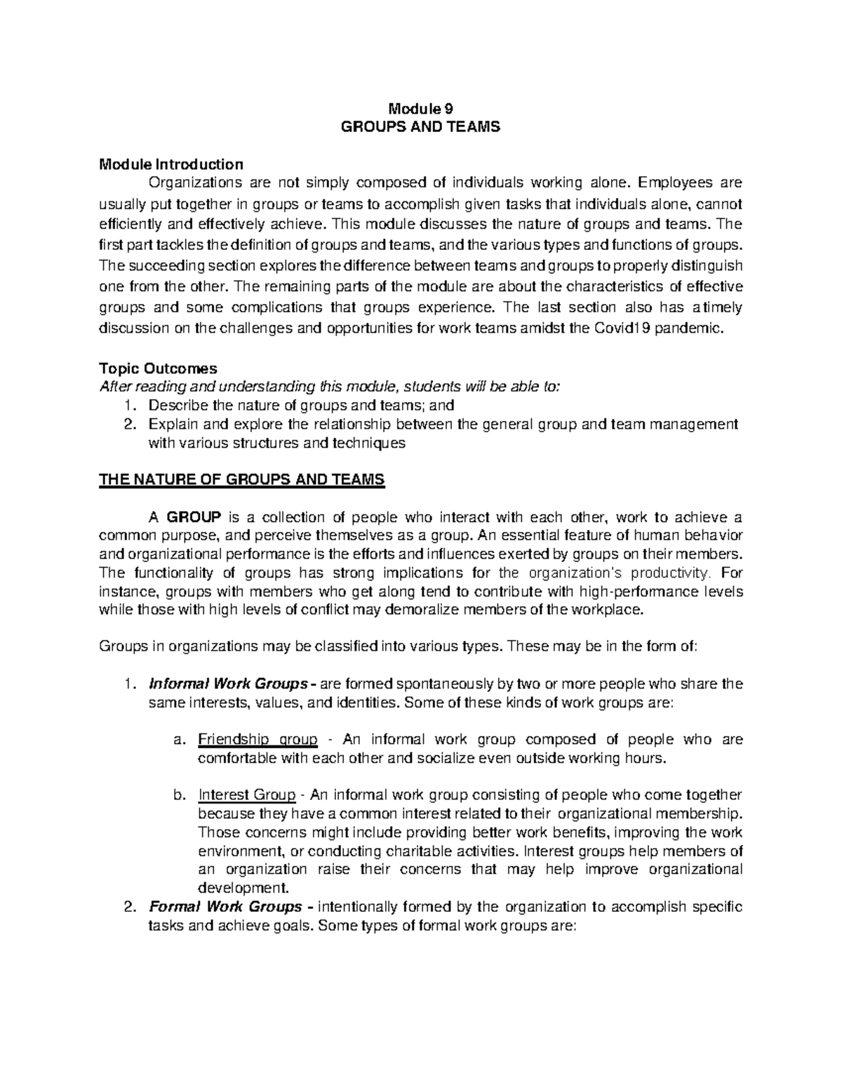 Module 9 - hbo - Module 9 GROUPS AND TEAMS Module Introduction Organizations are not simply ...