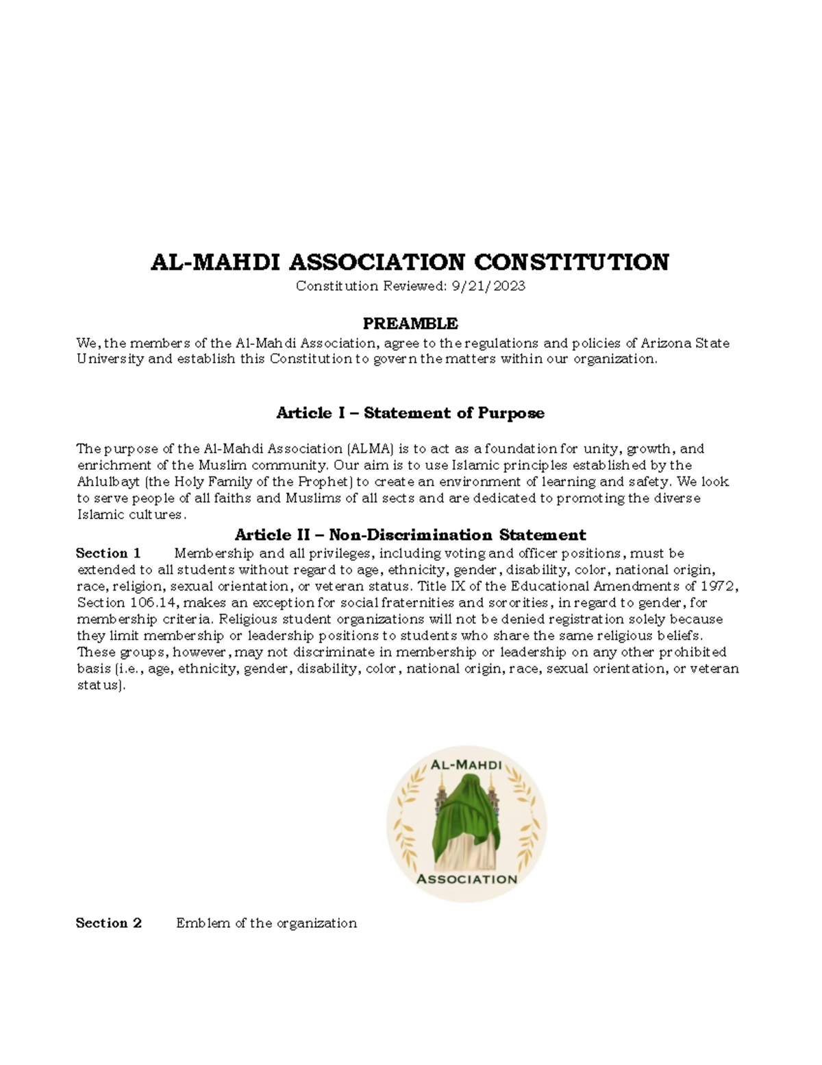 (N)2023-2024 ALMA Constitution copy - AL-MAHDI ASSOCIATION CONSTITUTION ...