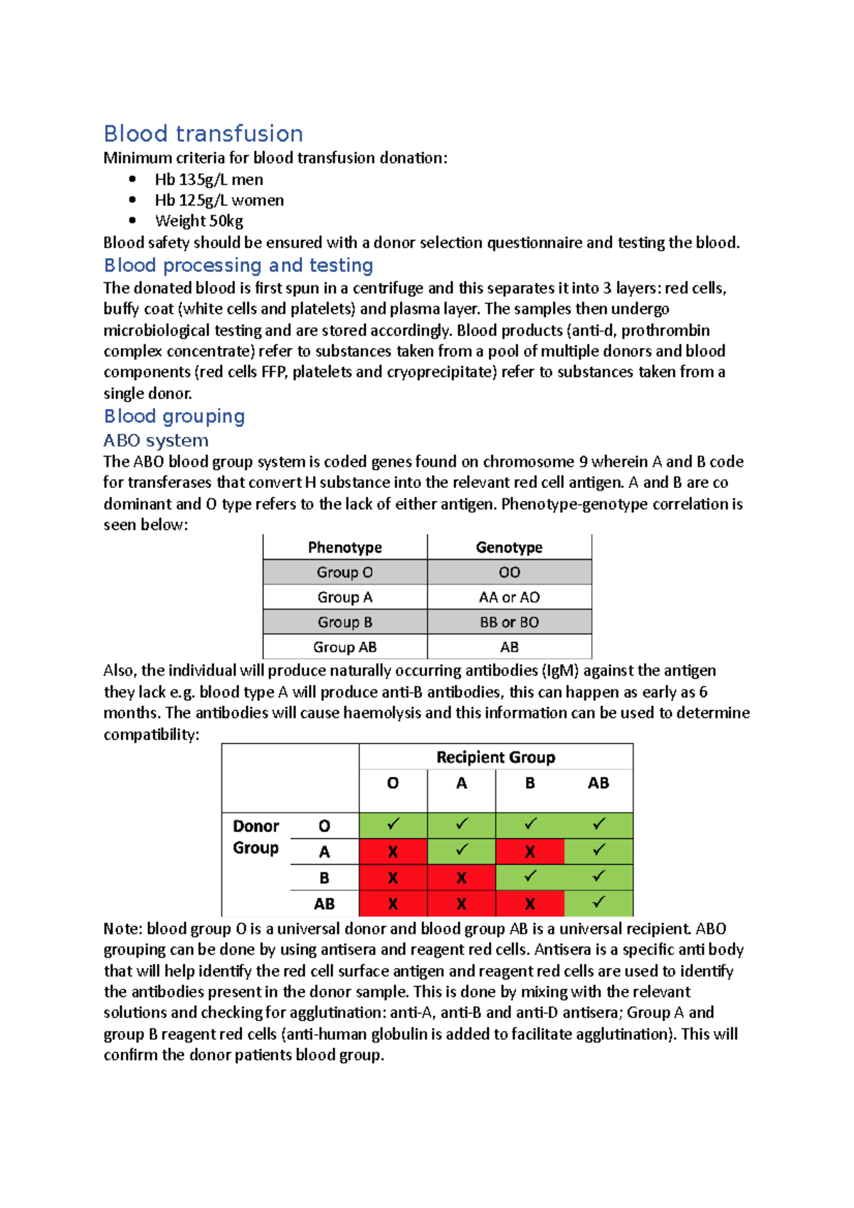 Blood transfusion - Blood processing and testing The donated blood is ...