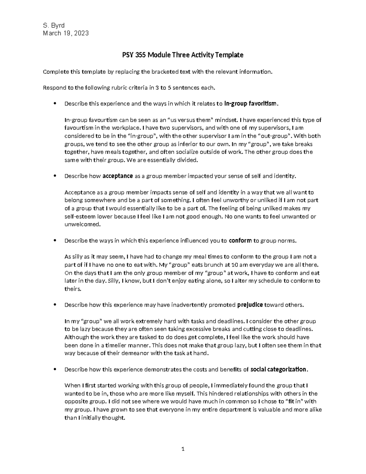 PSY 355 Module Three Activity Template - S. Byrd March 19, 2023 PSY 355 Module Three Activity ...