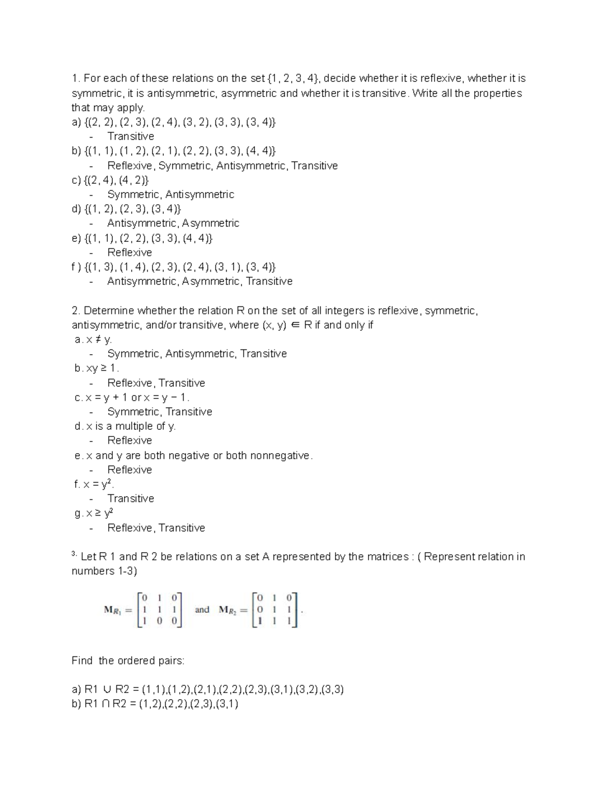 Relations Lesson - For each of these relations on the set {1, 2, 3, 4 ...