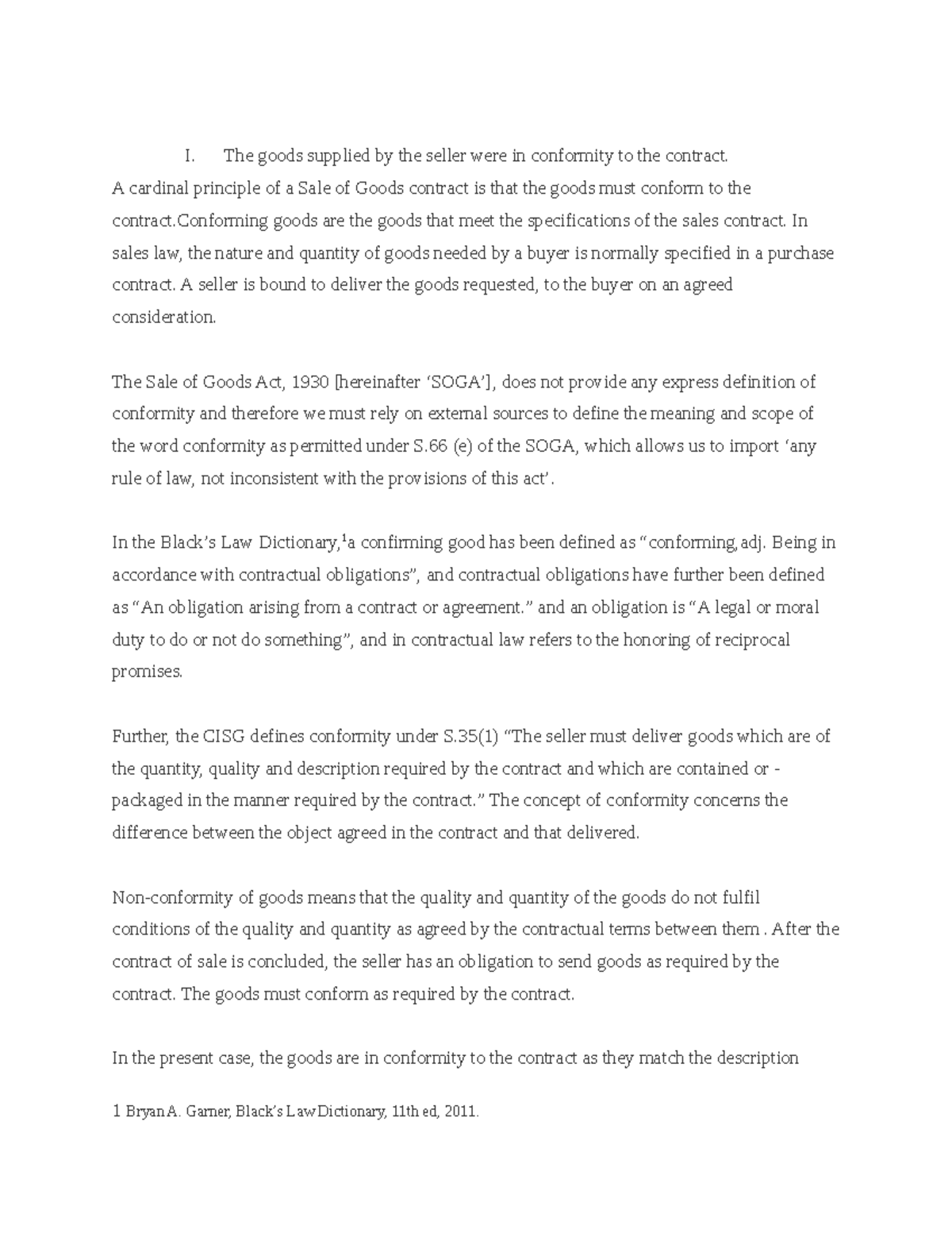 Arguments Advanced - I. The goods supplied by the seller were in ...