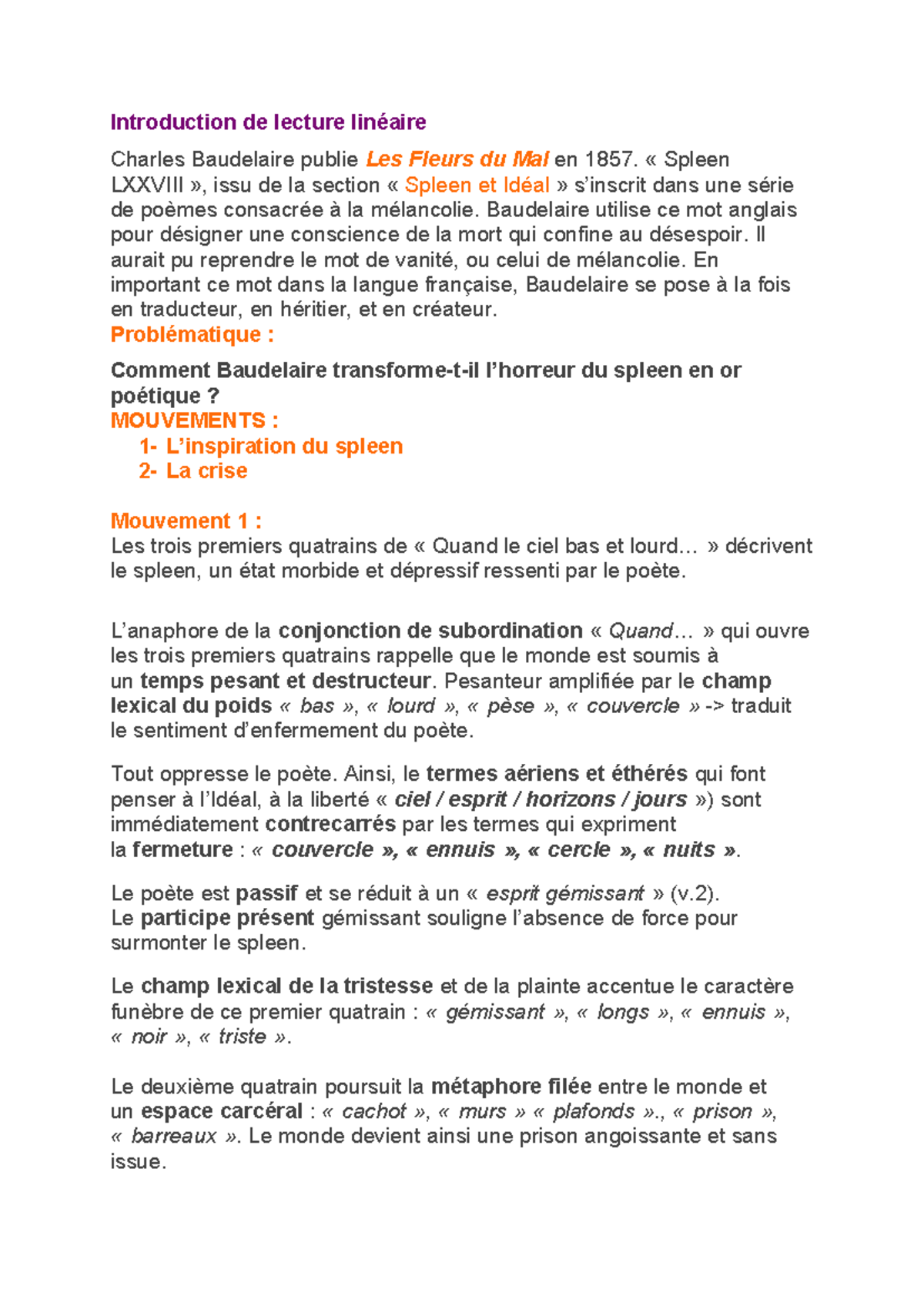 fiche spleen bac français - Introduction de lecture linéaire Charles ...