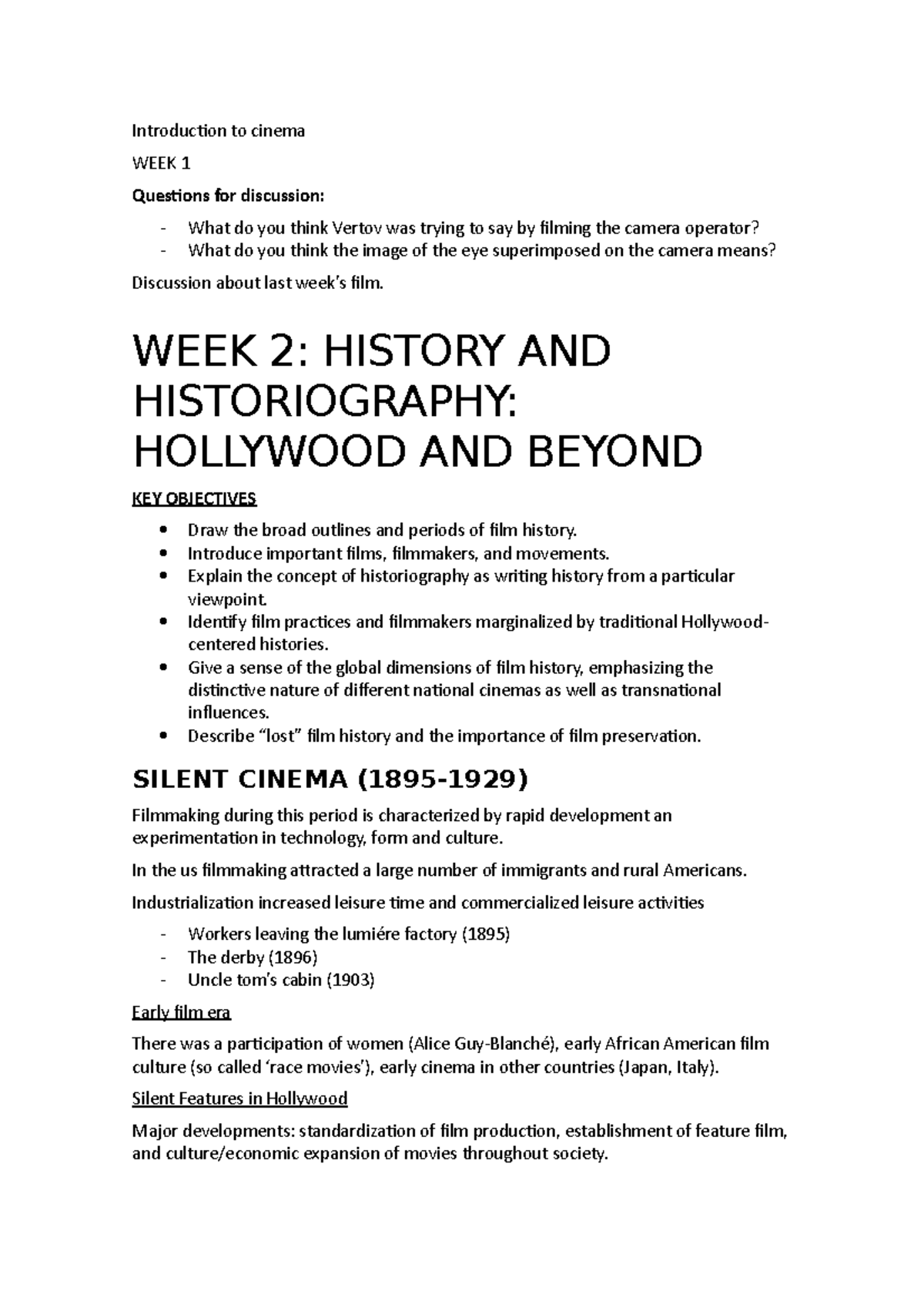 Introduction to cinema - Introduction to cinema WEEK 1 Questions for ...