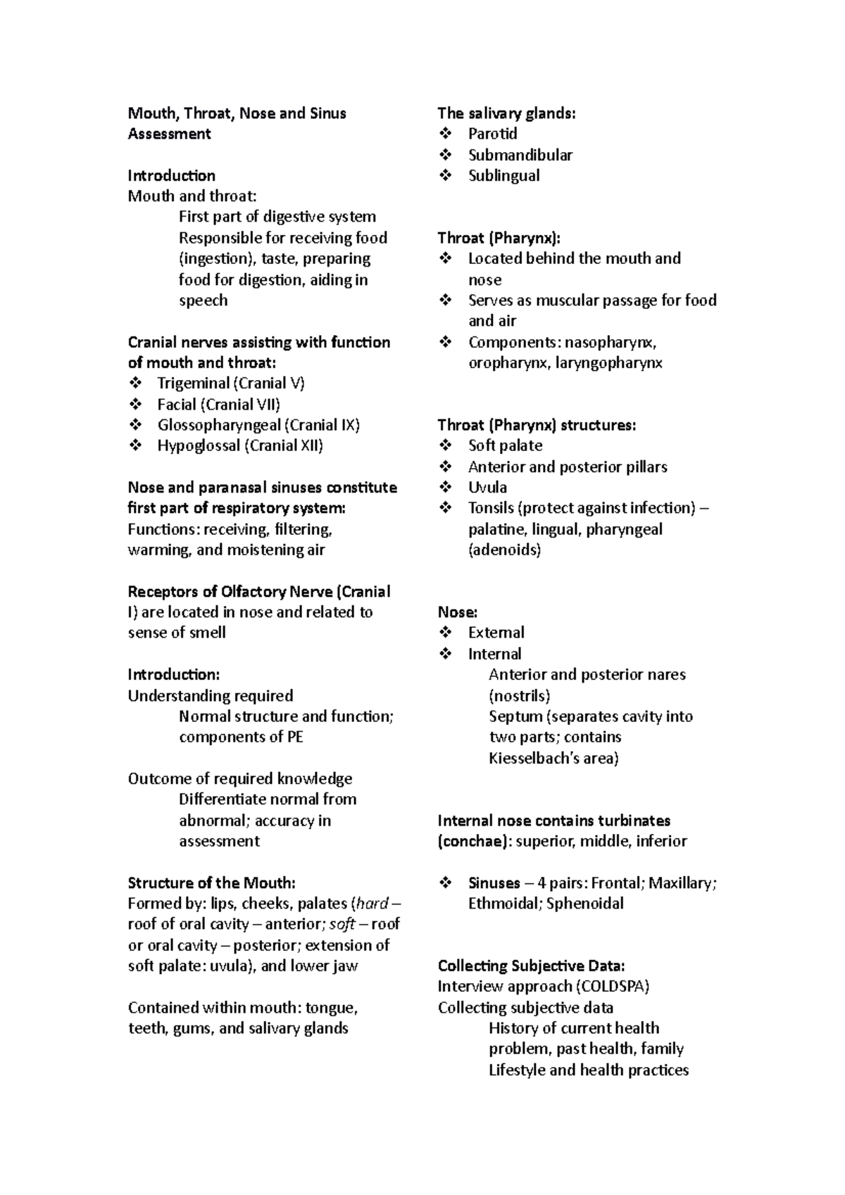 Mouth, Throat, Nose and Sinus Assement - Mouth, Throat, Nose and Sinus ...
