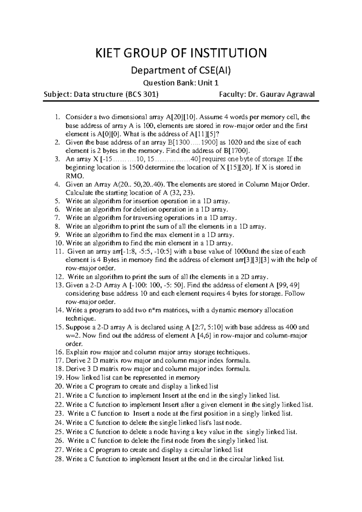Question bank DS Unit 1 - KIET GROUP OF INSTITUTION Department of CSE(AI) Question Bank: Unit 1 ...