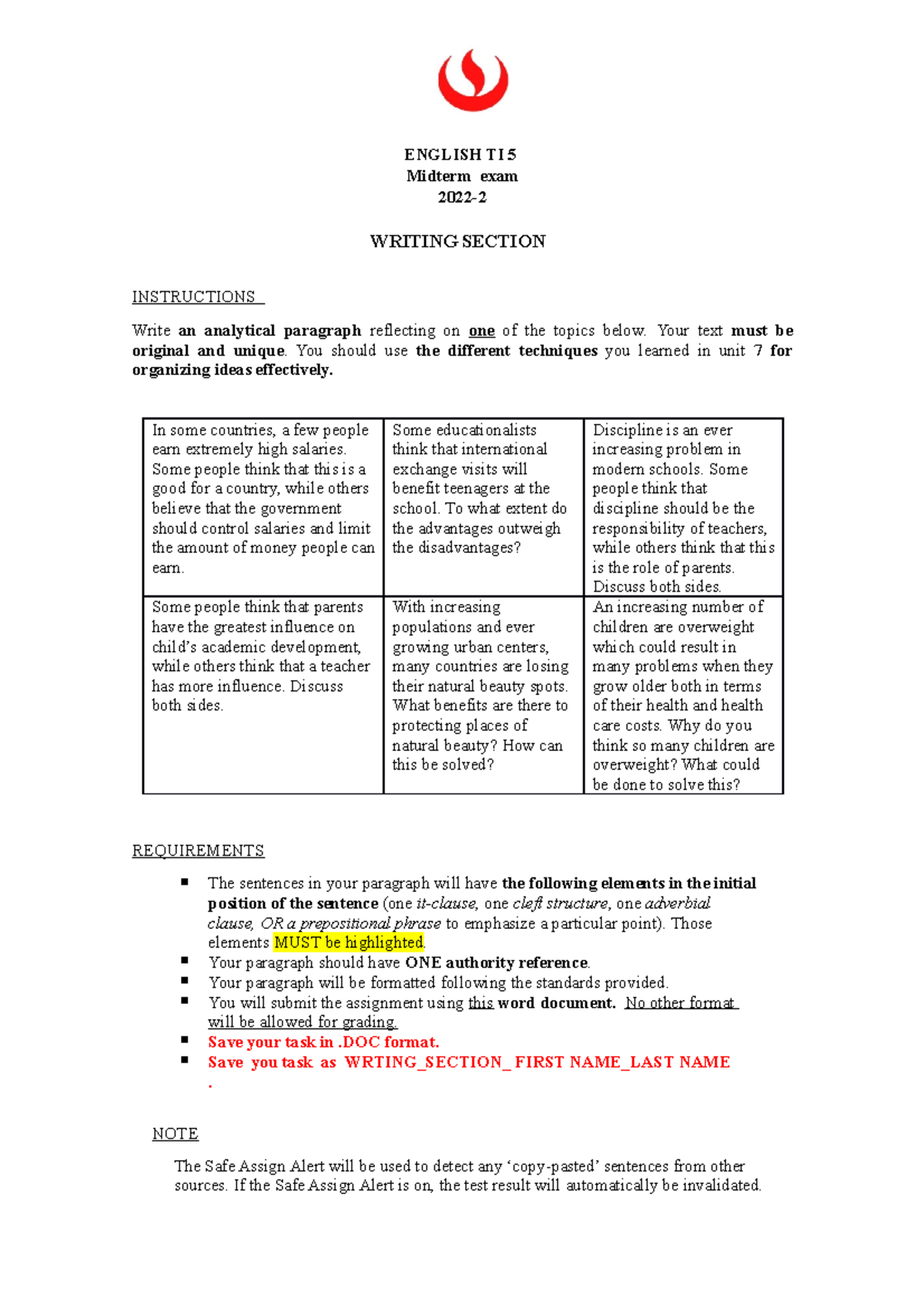Wrting Section_InglesTI3 - ENGLISH TI 5 Midterm exam 2022- WRITING ...