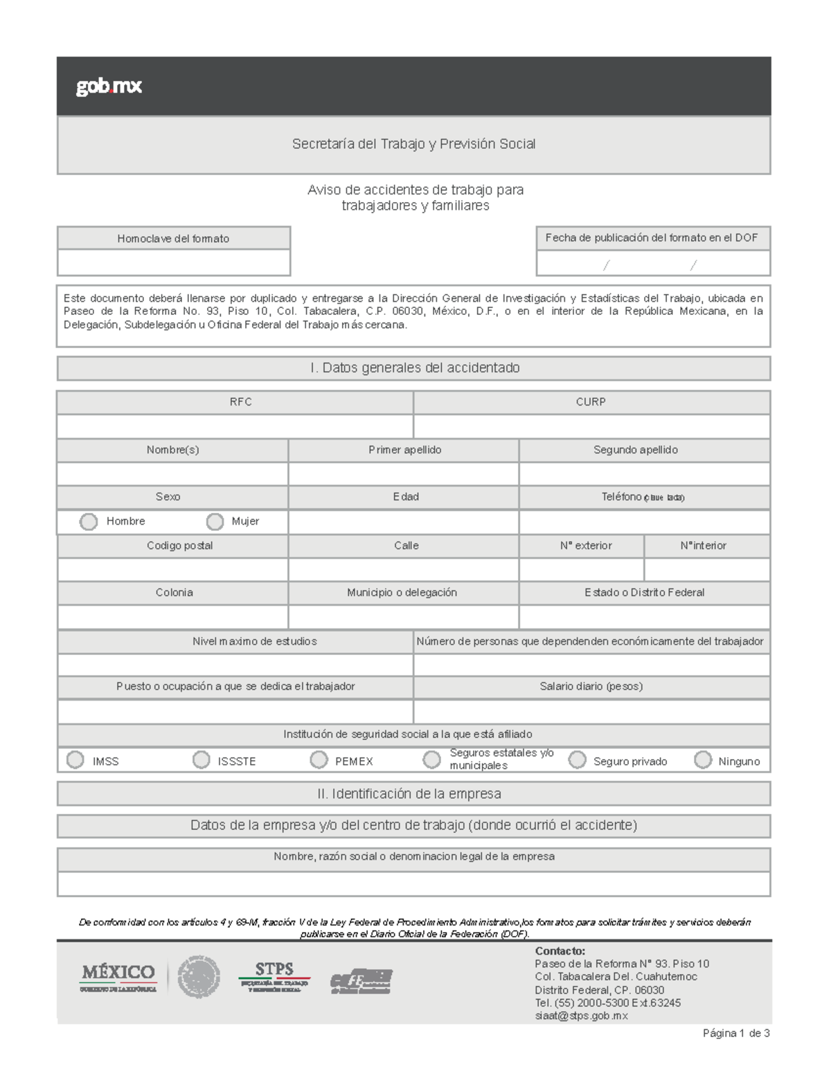 STPS Formato de aviso de accidentes de trabajo para trabajadores y ...