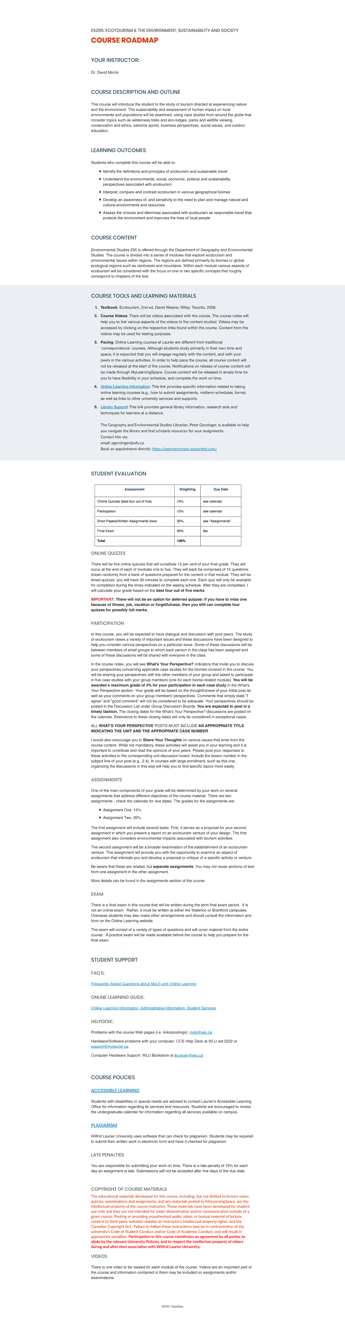 Es295 Course Outline - ES295: ECOTOURISM & THE ENVIRONMENT ...