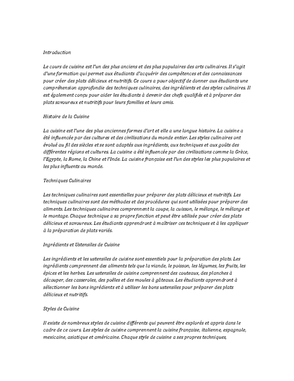 Culinary Arts Study Notes - Introduction Le cours de cuisine est l'un ...