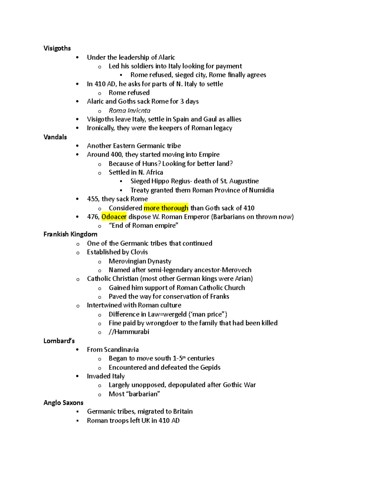 HIST 100 Unit 2 Notes - Visigoths Under the leadership of Alaric o Led ...