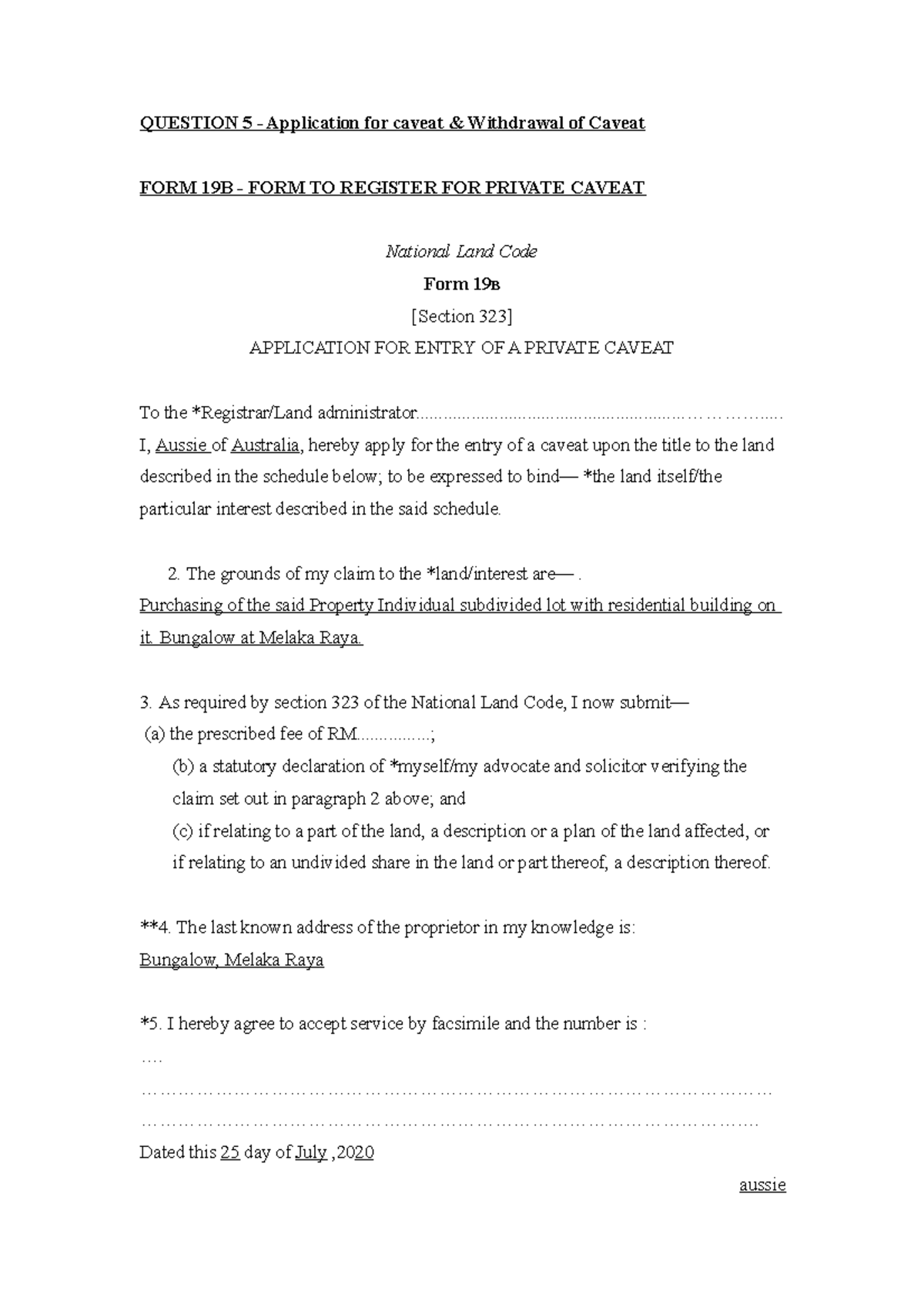 Convey tuto 2 - Lecture notes 1 - QUESTION 5 - Application for caveat ...