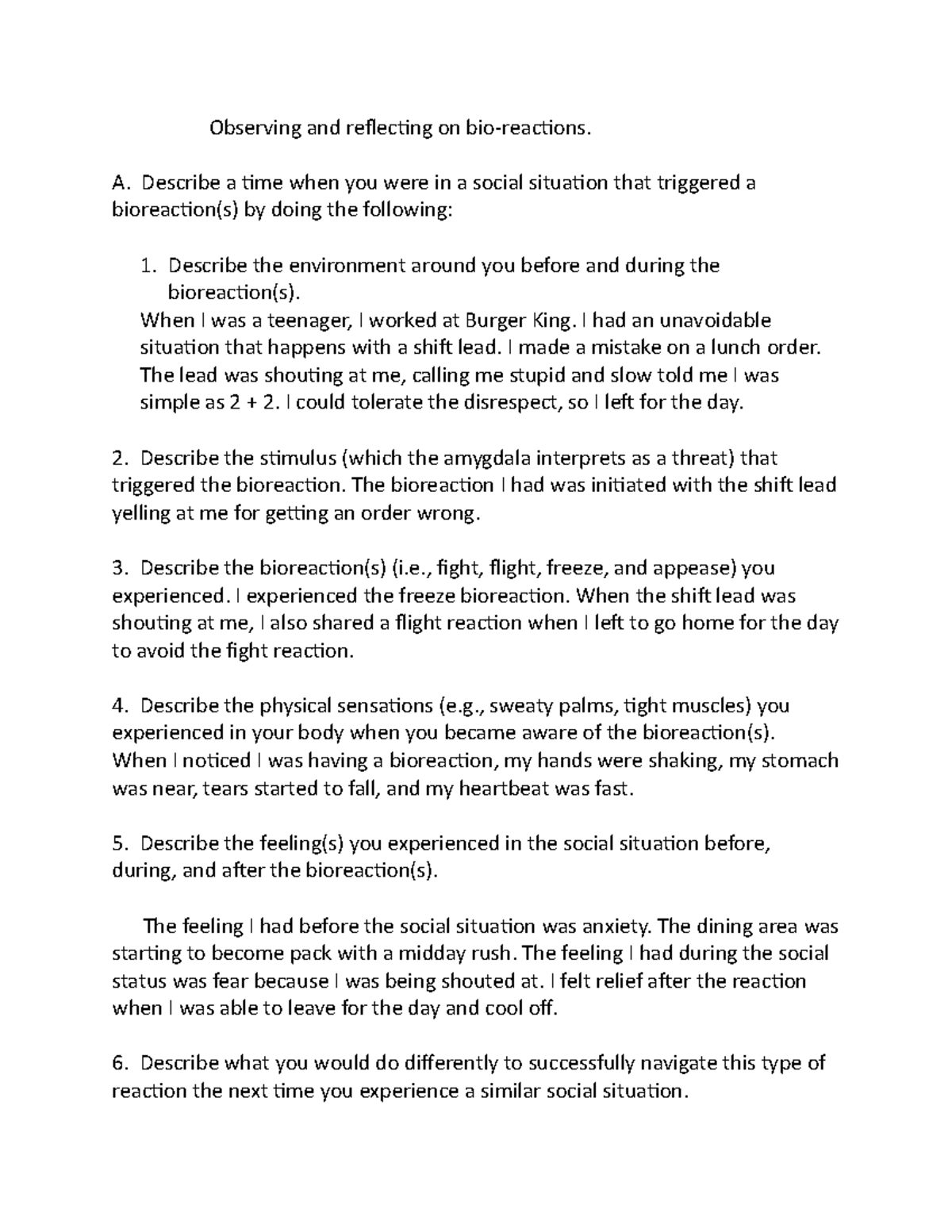 Bio Reaction reflection paper no revision - Observing and reflecting on ...