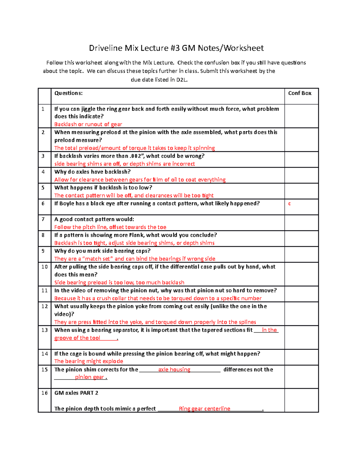 Rear Axle Mix Lecture Three GM Worksheet - Driveline Mix Lecture #3 GM ...