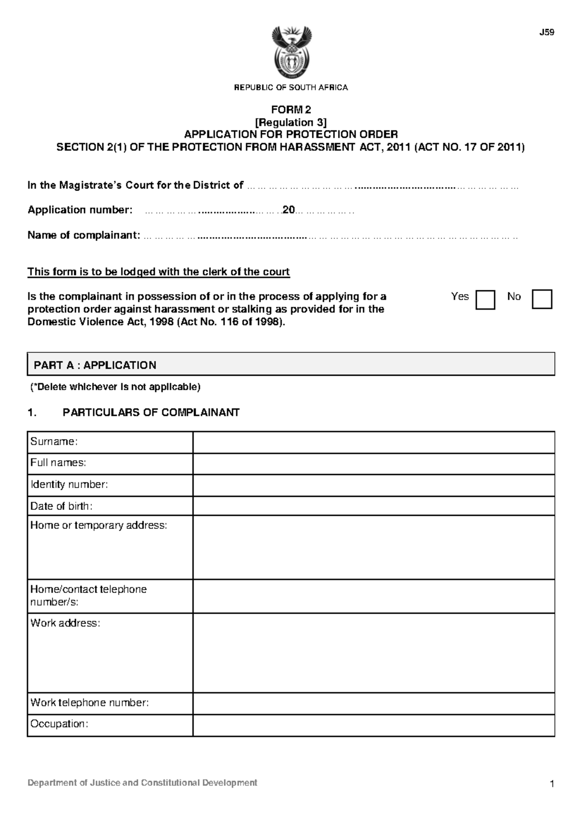 Main-form-c1 - maintenane form - REPUBLIC OF SOUTH AFRICA FORM 2 ...