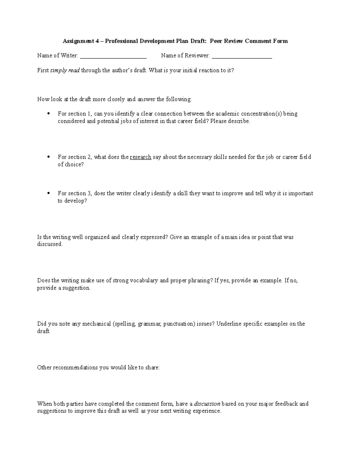 Professional Development Plan Draft Comment Form 2 - Assignment 4 ...