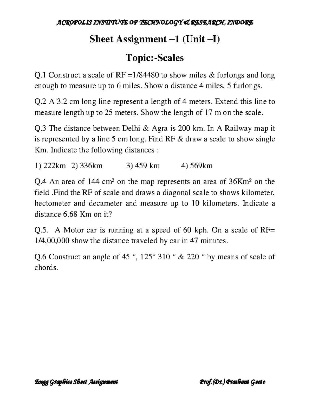 EG Sheet Assignment Questions AIML-1 2024 - Sheet Assignment – 1 (Unit – I) Topic:-Scales Q ...