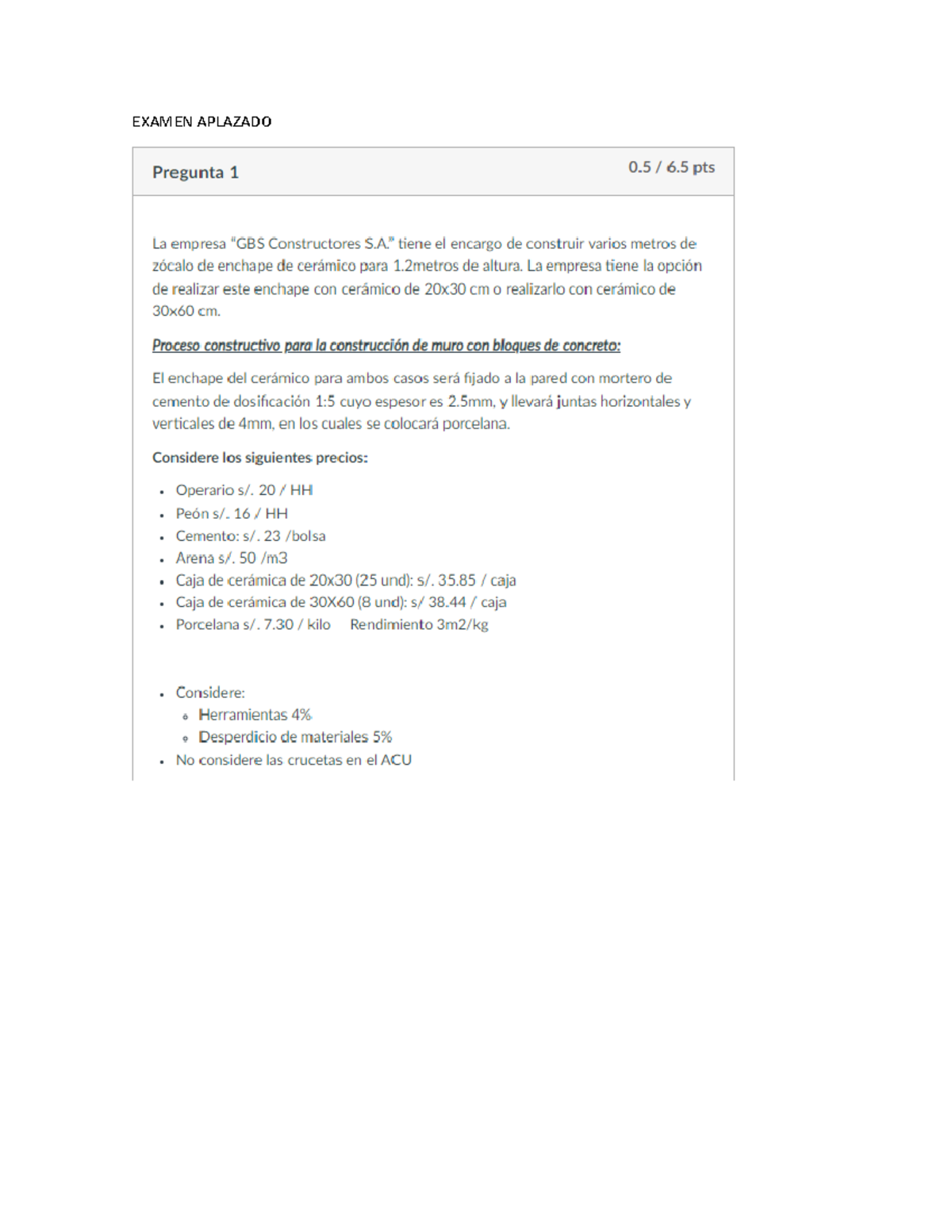 INC Prácticas - ,HFUTF - Ingeniería De Construcción - EXAMEN APLAZADO ...