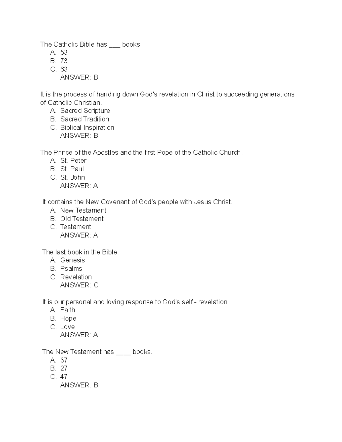 Exam 12 October 2020, questions and answers - The Catholic Bible has ...