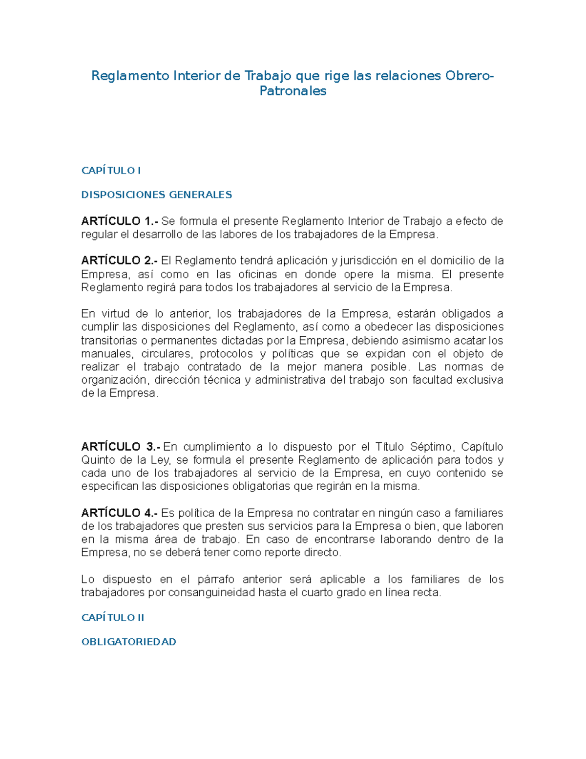 Reglamento Interior De Trabajo Que Rige Las Relaciones Obrero