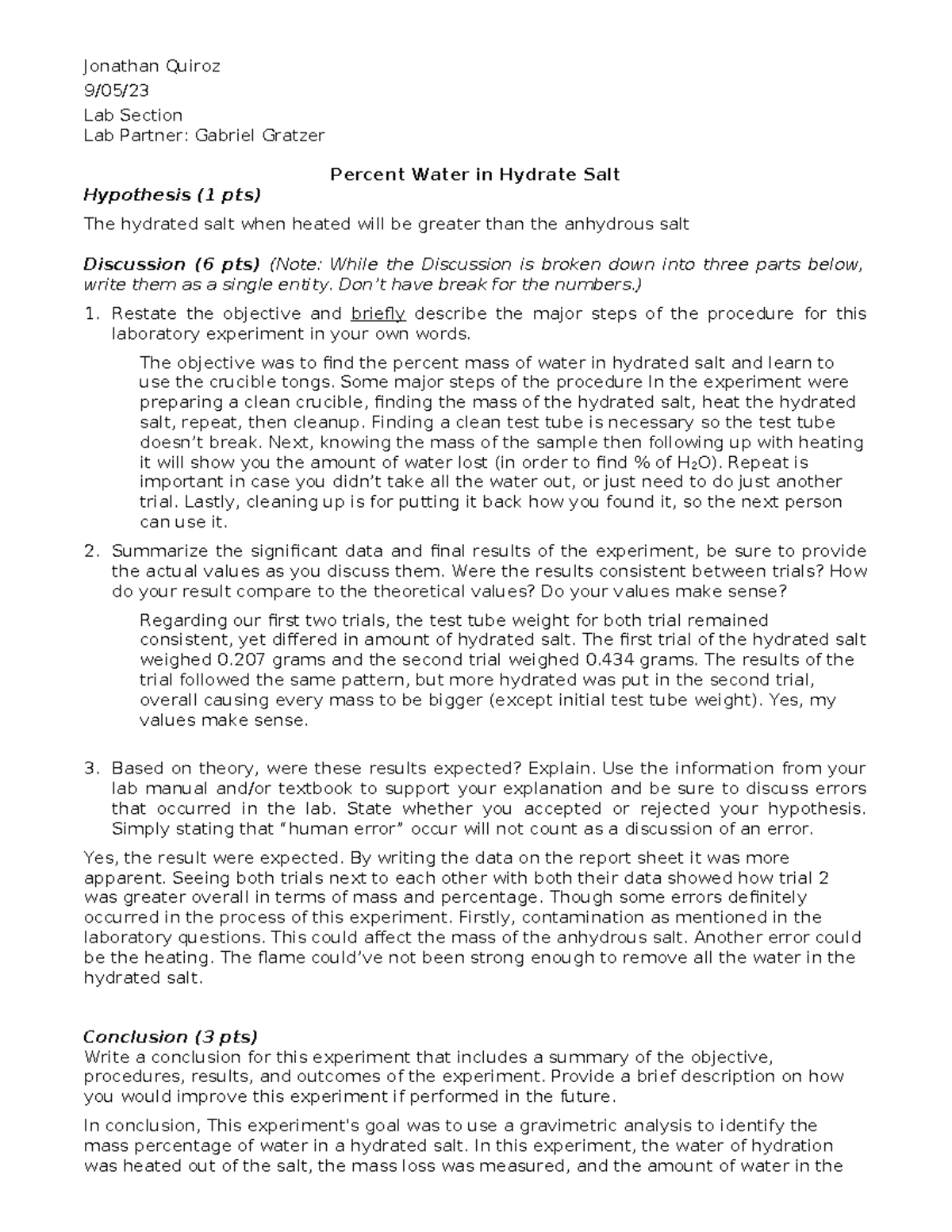 Week 4-Post Lab Report-Hydrate Salts - Jonathan Quiroz 9/05/ Lab Section Lab Partner: Gabriel ...