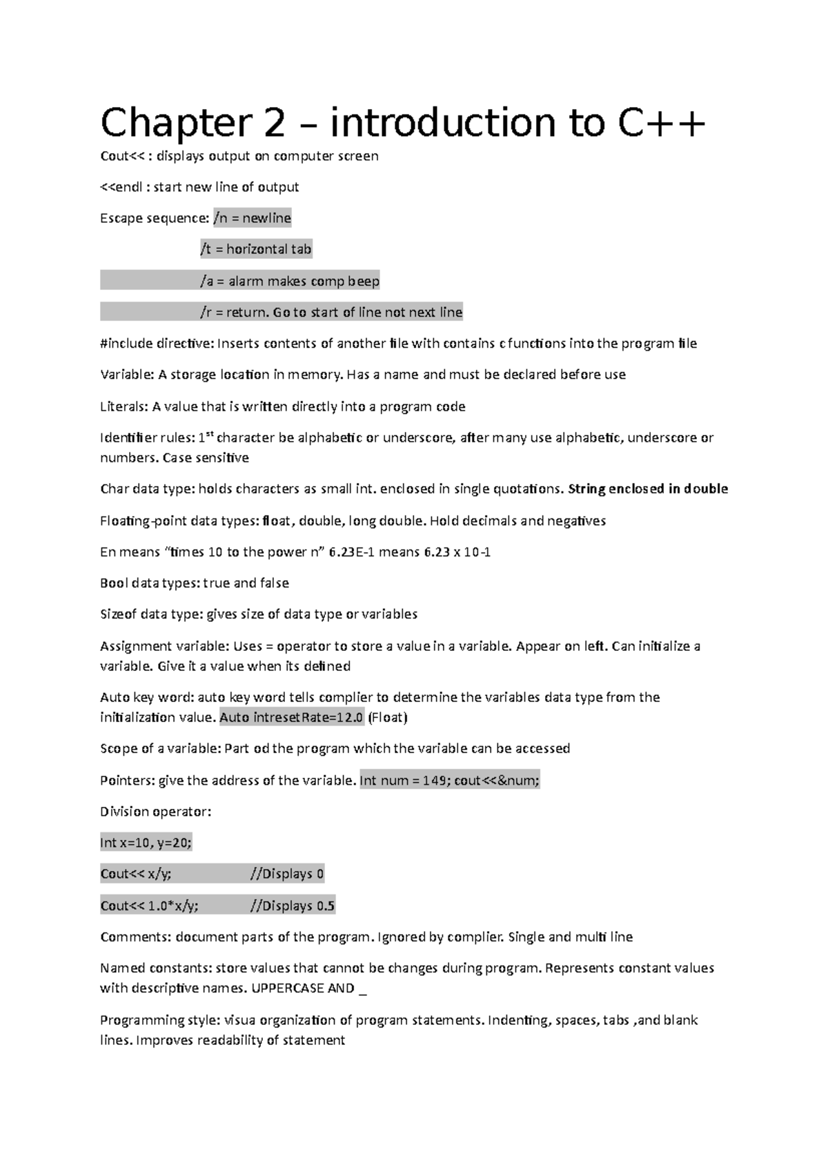 COS132 Chapter 1 - Chapter 2 – introduction to C++ Cout