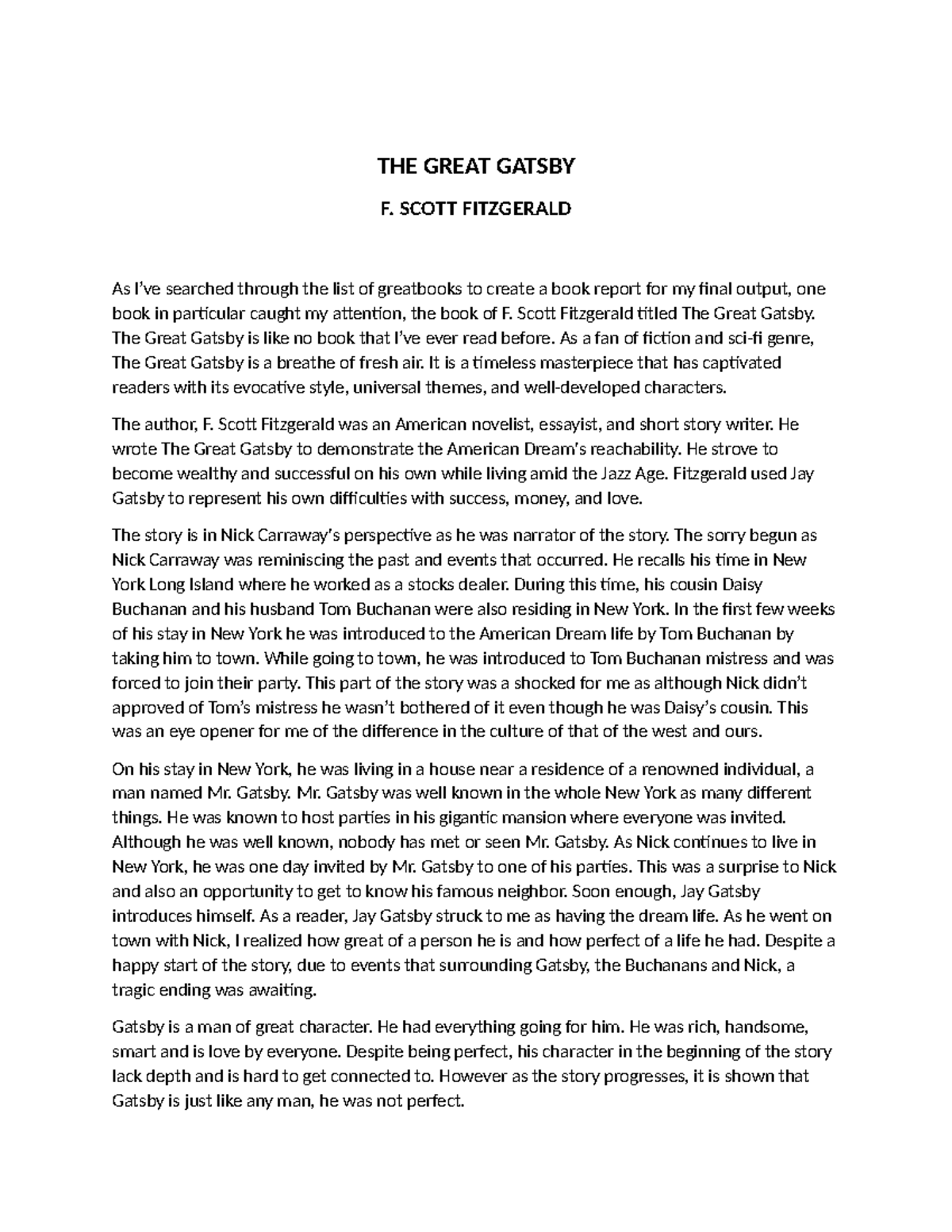 The Great Gatsby - Book Review - THE GREAT GATSBY F. SCOTT FITZGERALD ...