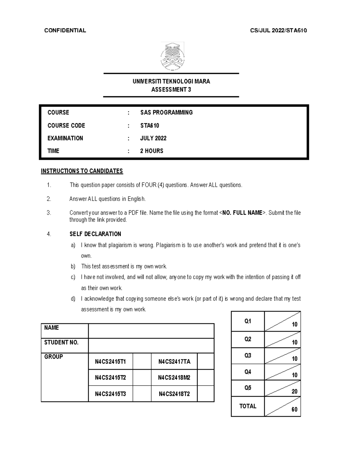 Sta610 Contoh Assessment 3 Universiti Teknologi Mara Assessment 3 Course Sas Programming 