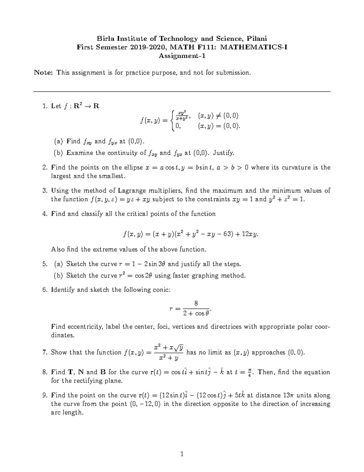 Assign 1 - Birla Institute of Technology and Science, Pilani First ...