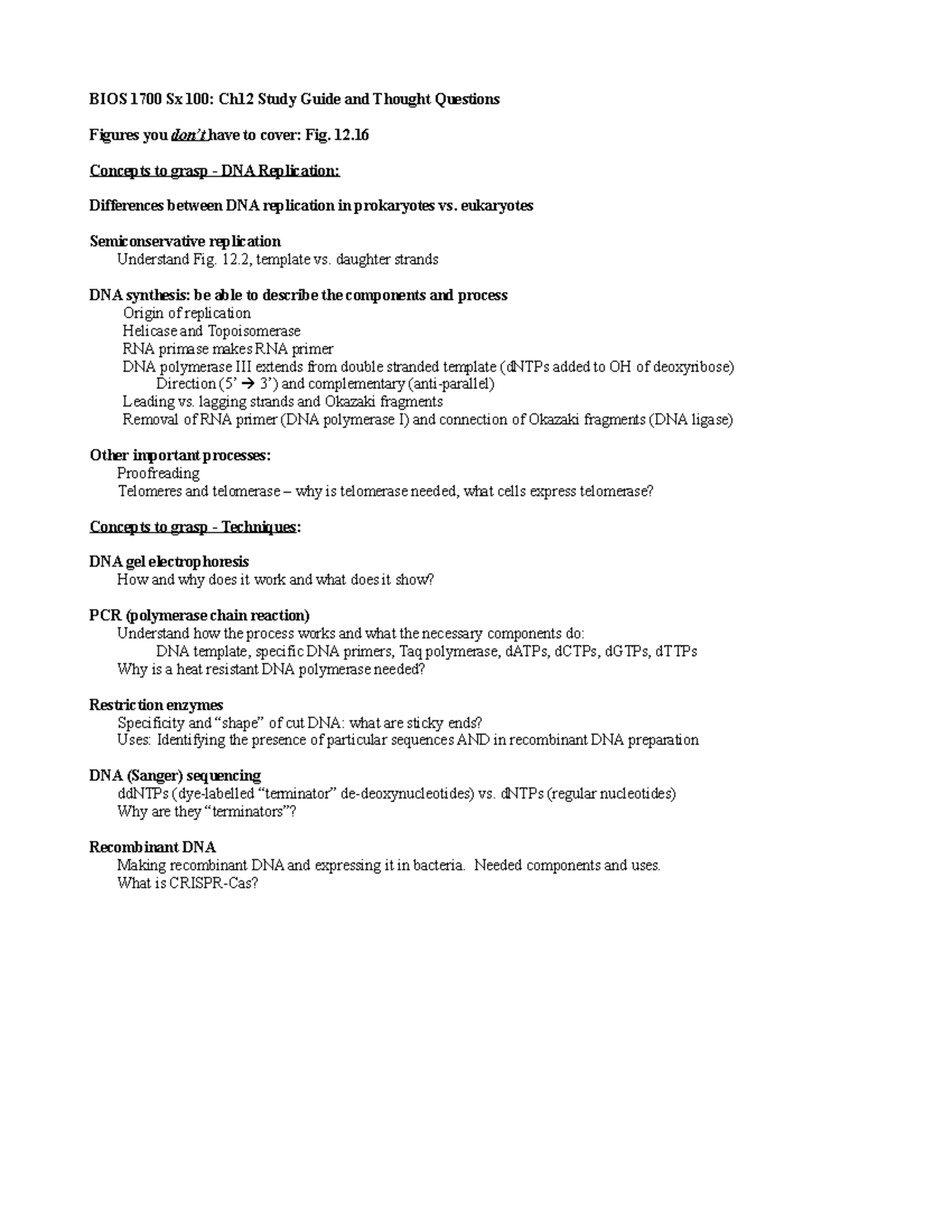 Ch12 Study Guide - 12 Concepts to grasp - DNA Replication: Differences ...
