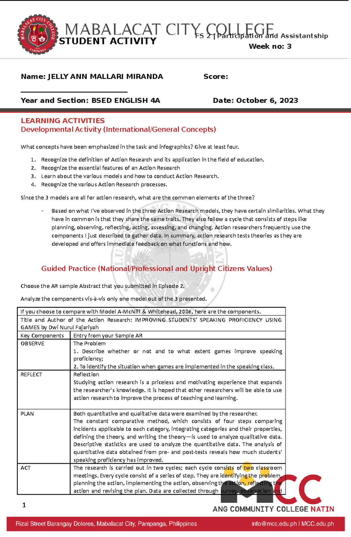 FS2 SAS Week 3 Miranda, Jelly ANN M - Name: JELLY ANN MALLARI MIRANDA ...