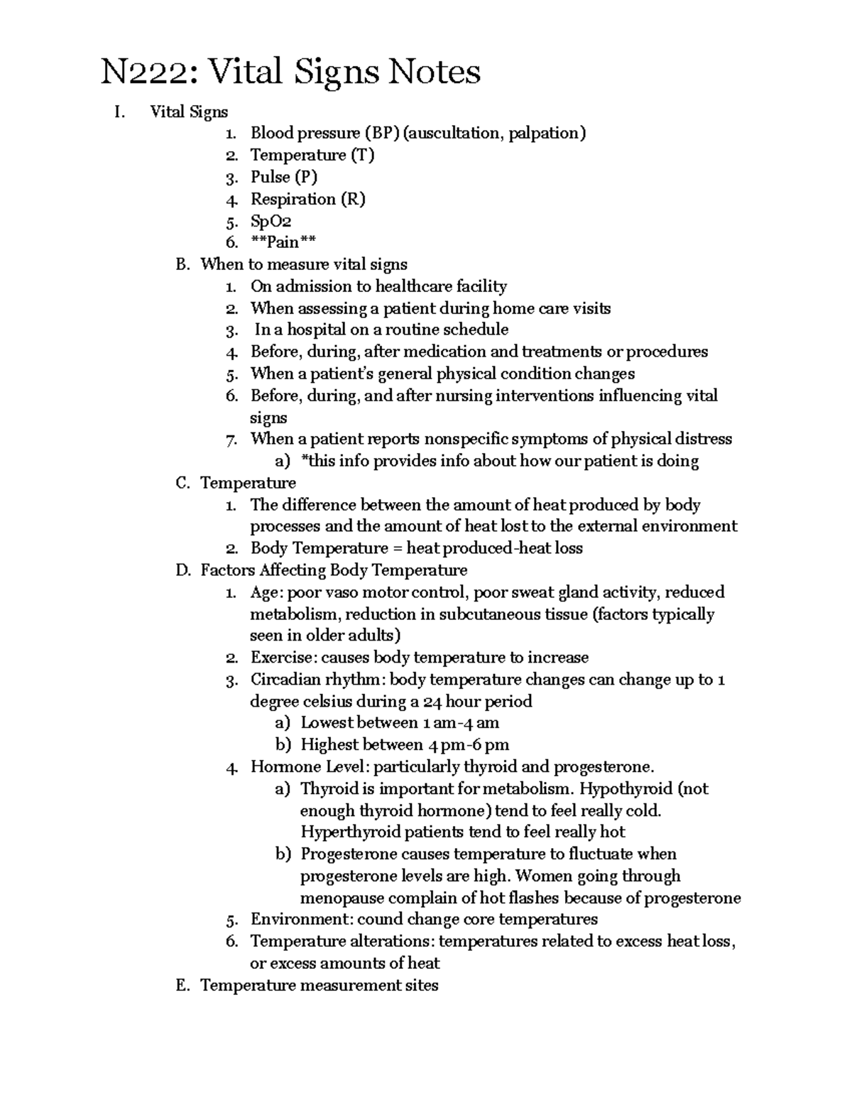 N222 Week 2 Vital Signs Notes - I. Vital Signs 1. Blood pressure (BP ...