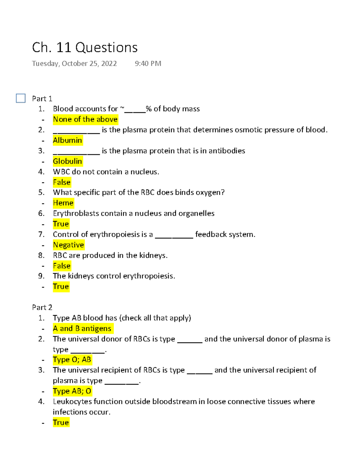 BIO 270 Ch. 11 Questions - Part 1 Blood accounts for ~_____% of body ...