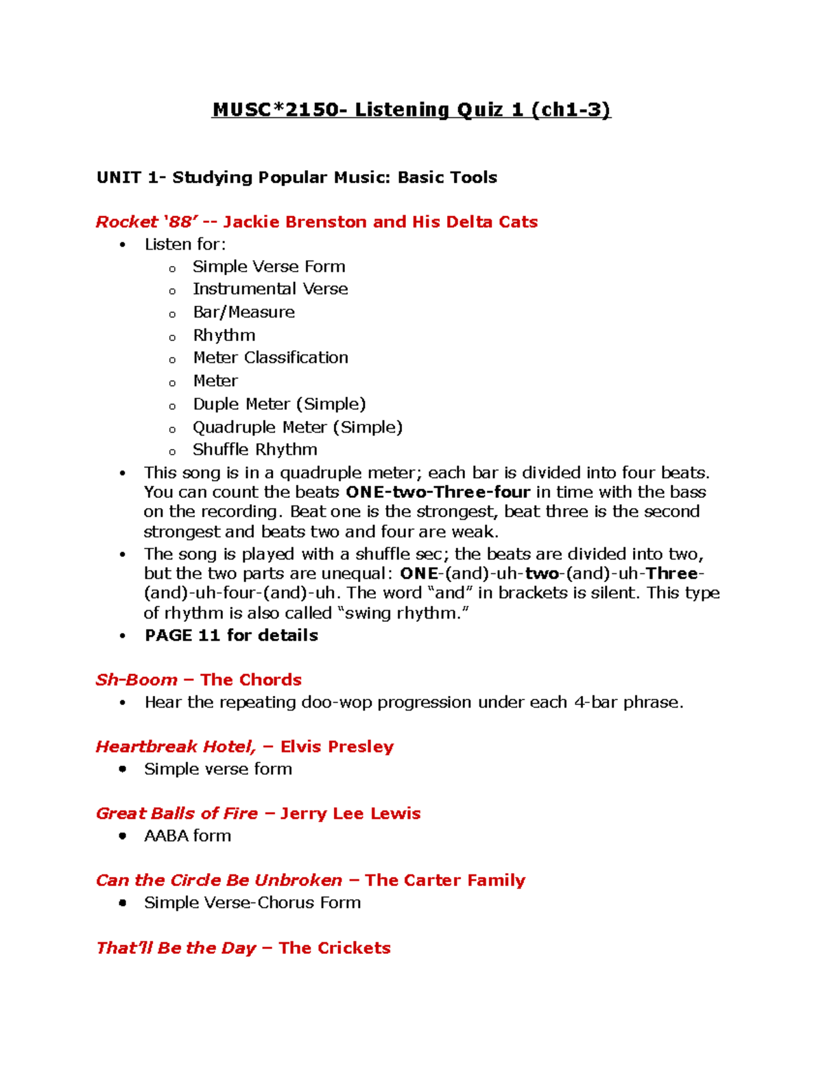 Listening notes - Listerning - MUSC*2150- Listening Quiz 1 (ch1-3) UNIT ...