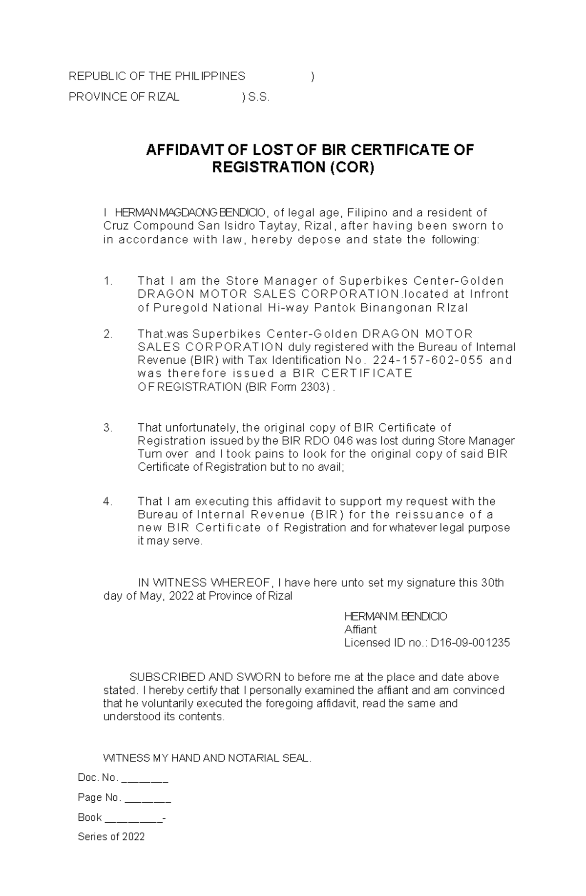 Affidavit OF LOSS-COR - REPUBLIC OF THE PHILIPPINES ) PROVINCE OF RIZAL ...
