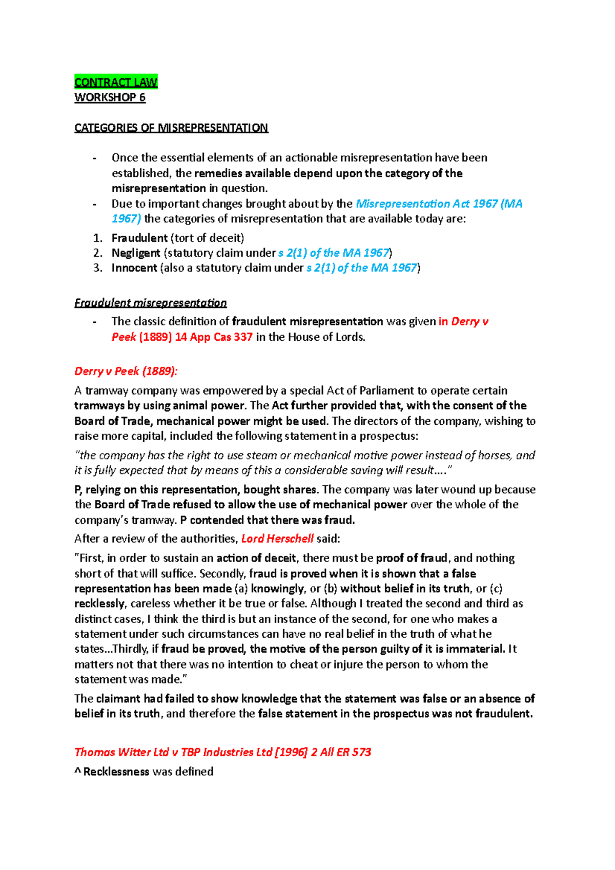 Categories OF Misrepresentation - CONTRACT LAW WORKSHOP 6 CATEGORIES OF ...