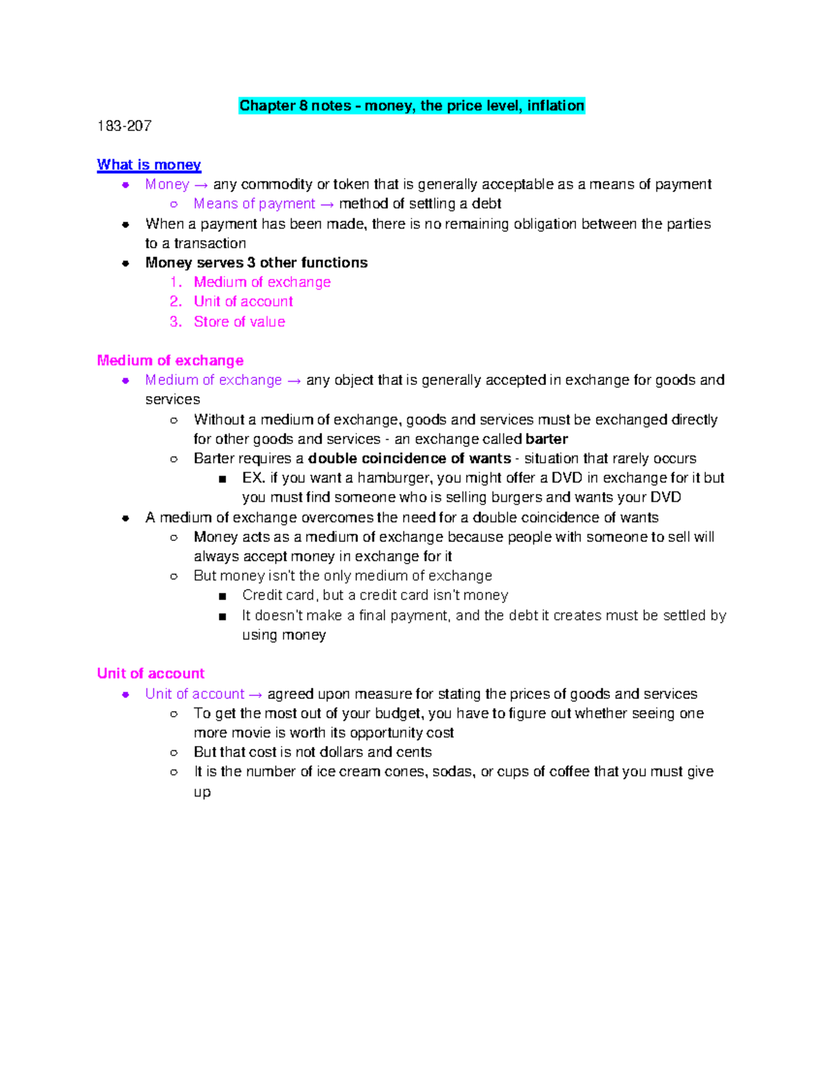 Chapter 8 econ notes 1022 (detailed) - Chapter 8 notes - money, the ...