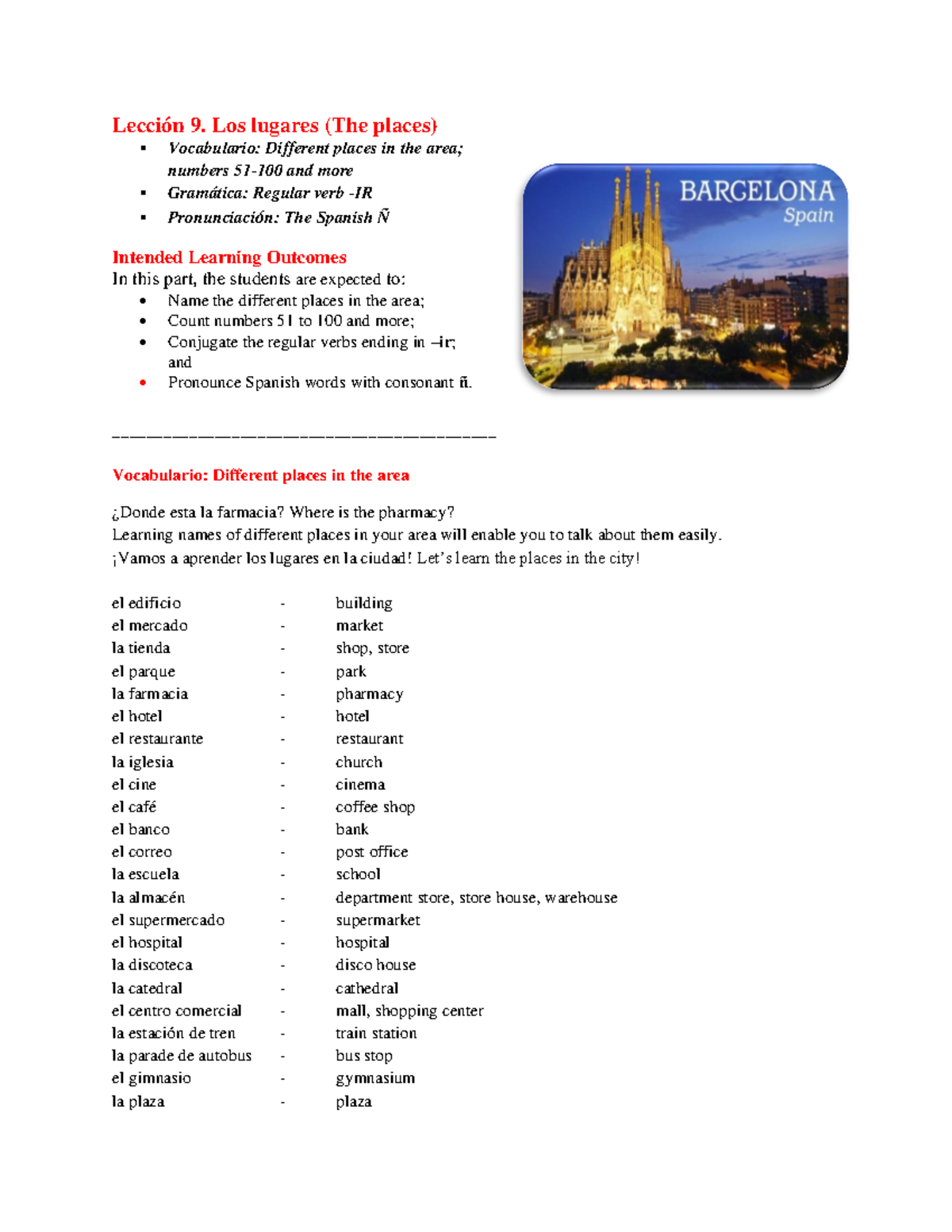 Lección-9 - foreign language - Lección 9. Los lugares (The places ...