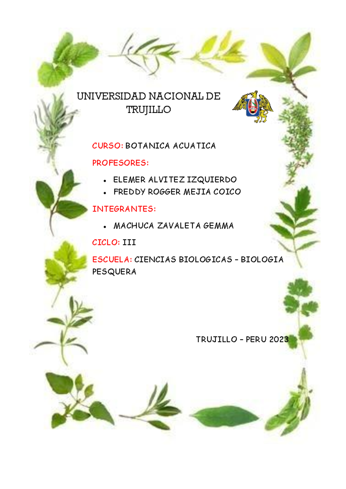 Botanica Acuatica - 4 - UNIVERSIDAD NACIONAL DE TRUJILLO CURSO ...