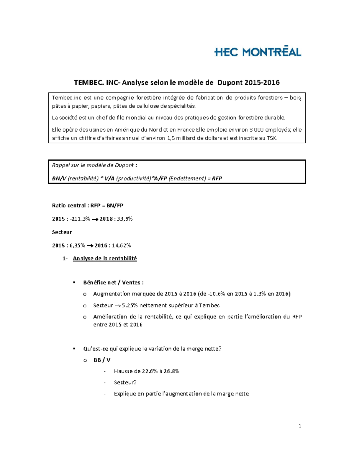 Modèle Dupont- Tembec - TEMBEC. INC- Analyse selon le modèle de Dupont ...