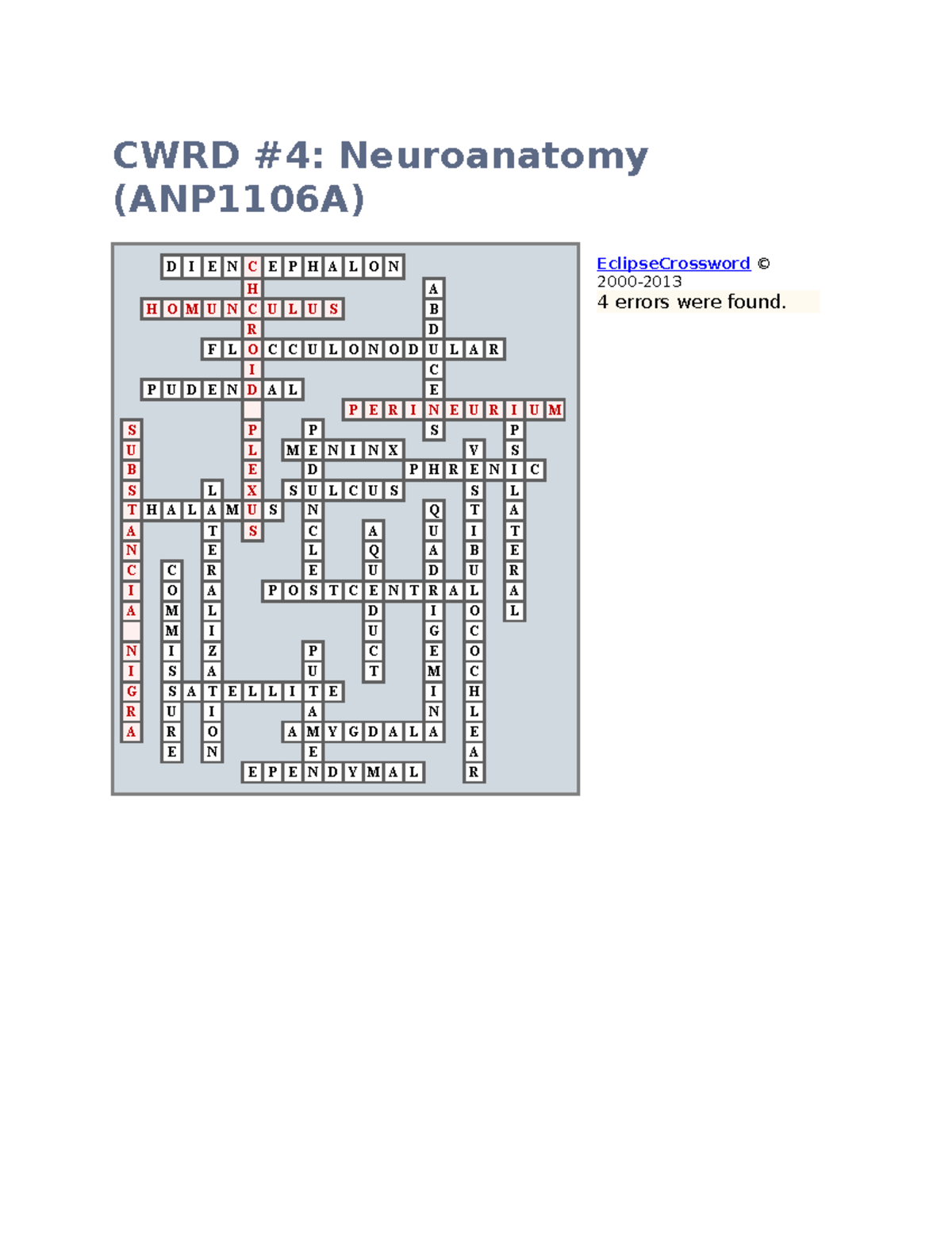 Crossword #4 Neuroanatomy - ANP 1106 - answers - CWRD #4: Neuroanatomy ...