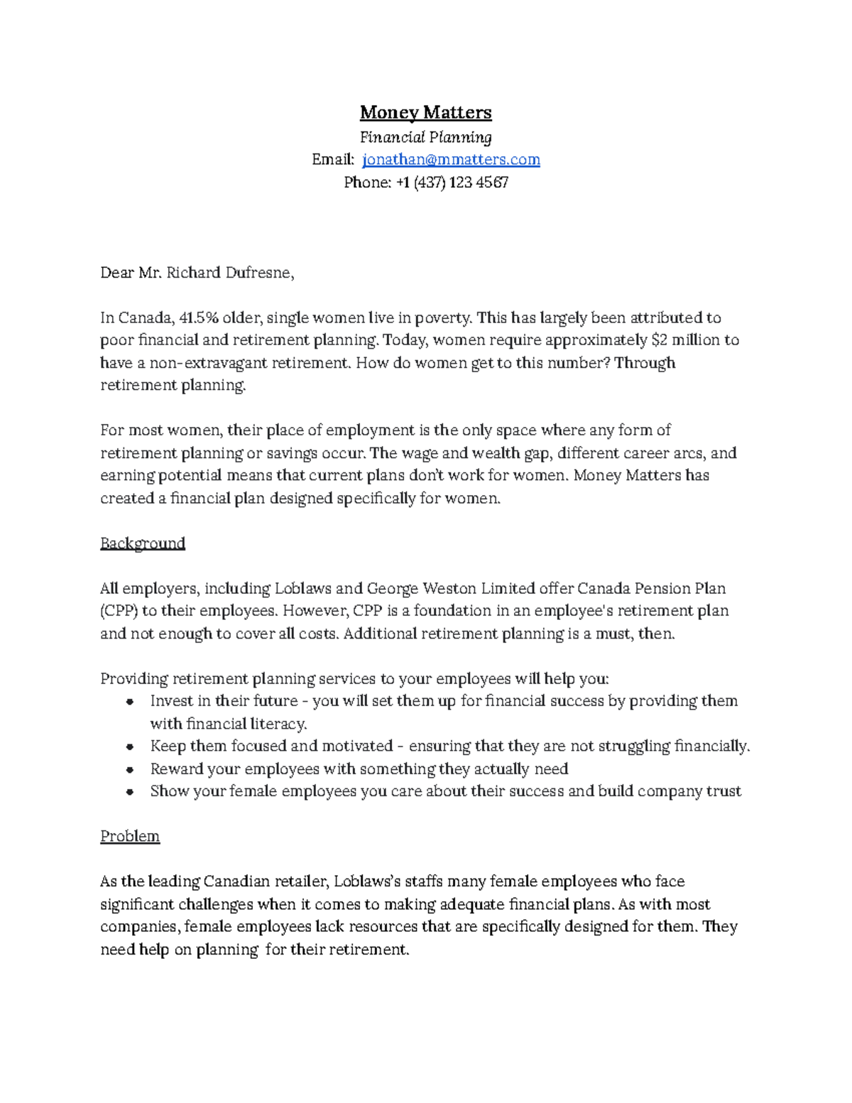 Group 7 Informal Proposal - Money Matters Financial Planning Email ...