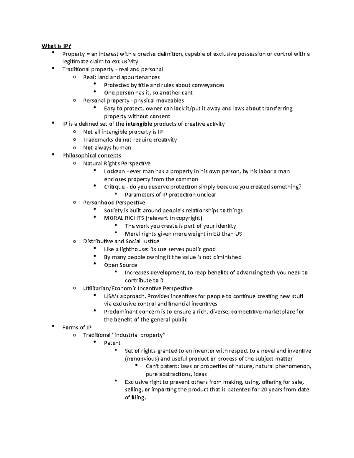 Intro to IP Outline - What is IP? Property = an interest with a precise definition, capable of ...